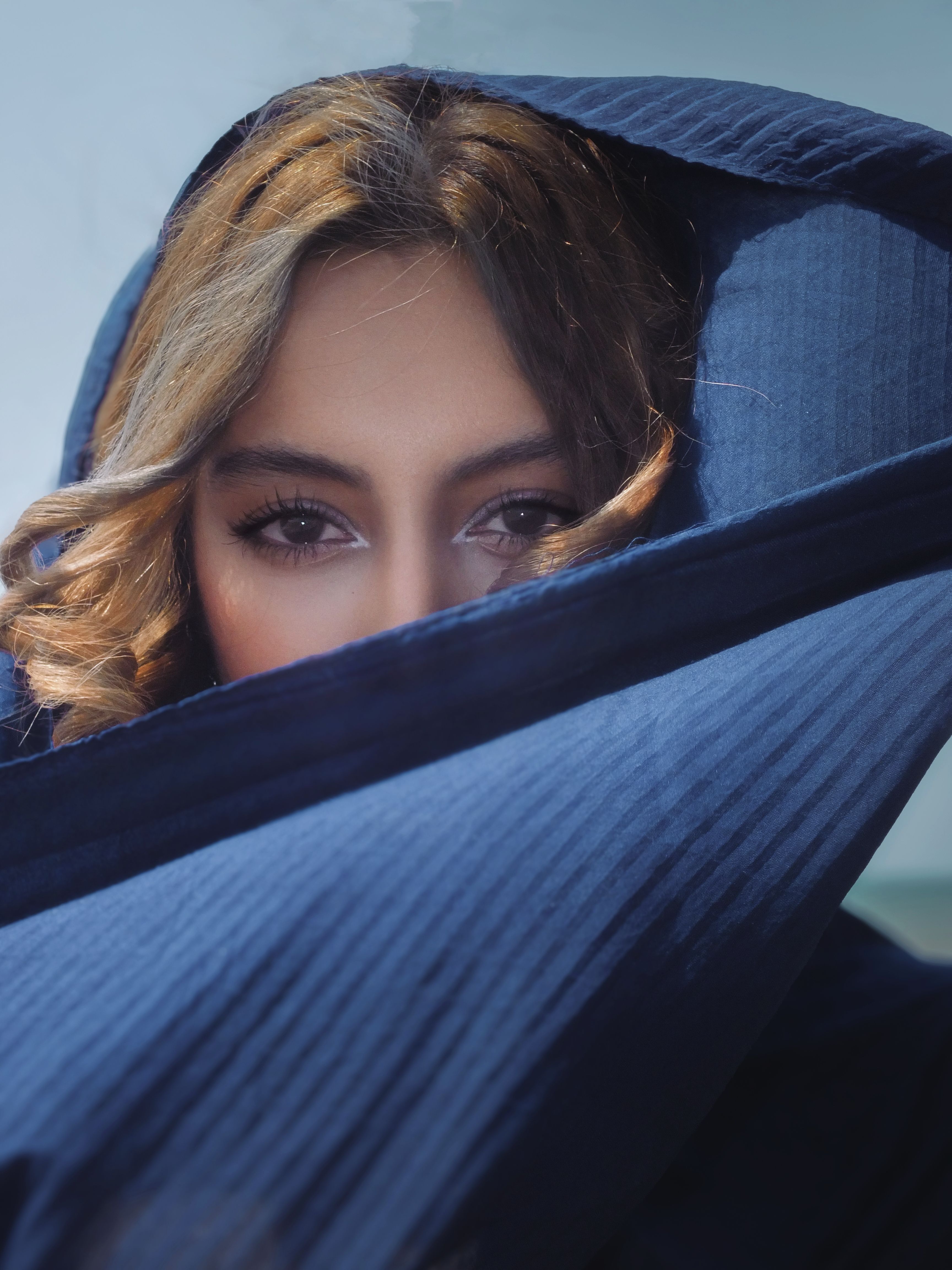 Elegant Portrait of Woman Draped in Blue Fabric · Free Stock Photo
