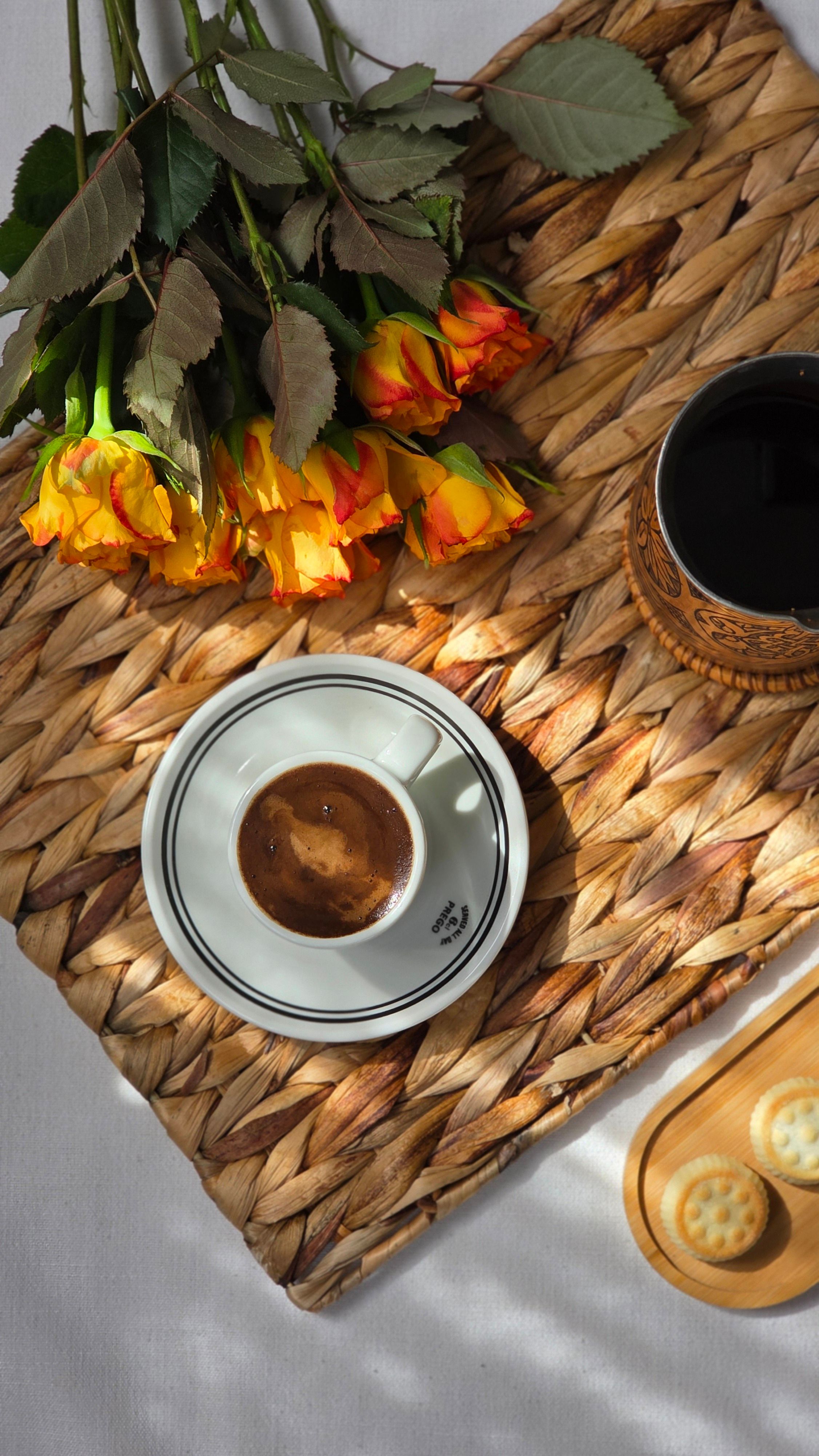 Elegant Coffee Setup with Yellow Roses · Free Stock Photo