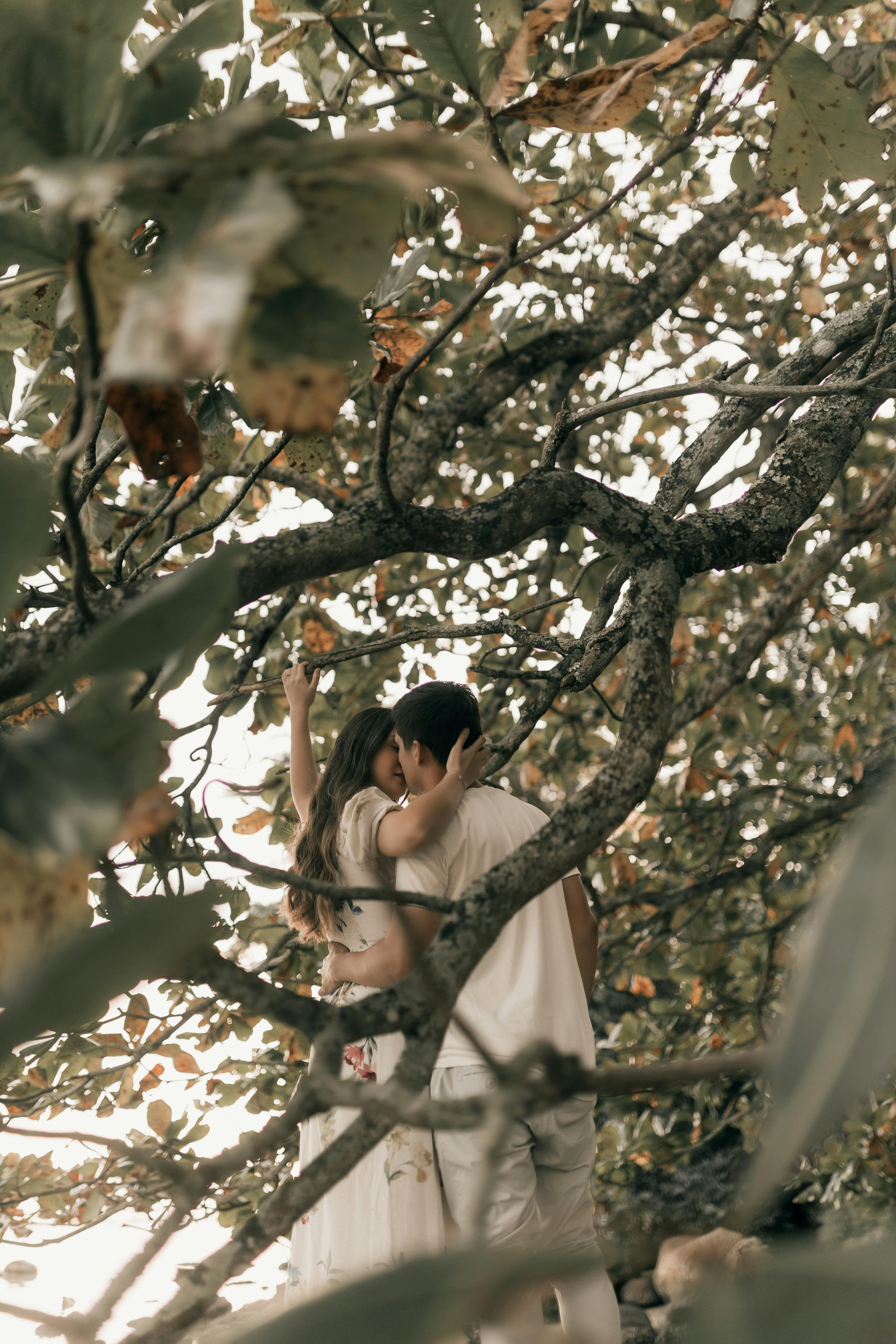 Romantic Couple Embracing Under Tree Branches · Free Stock Photo