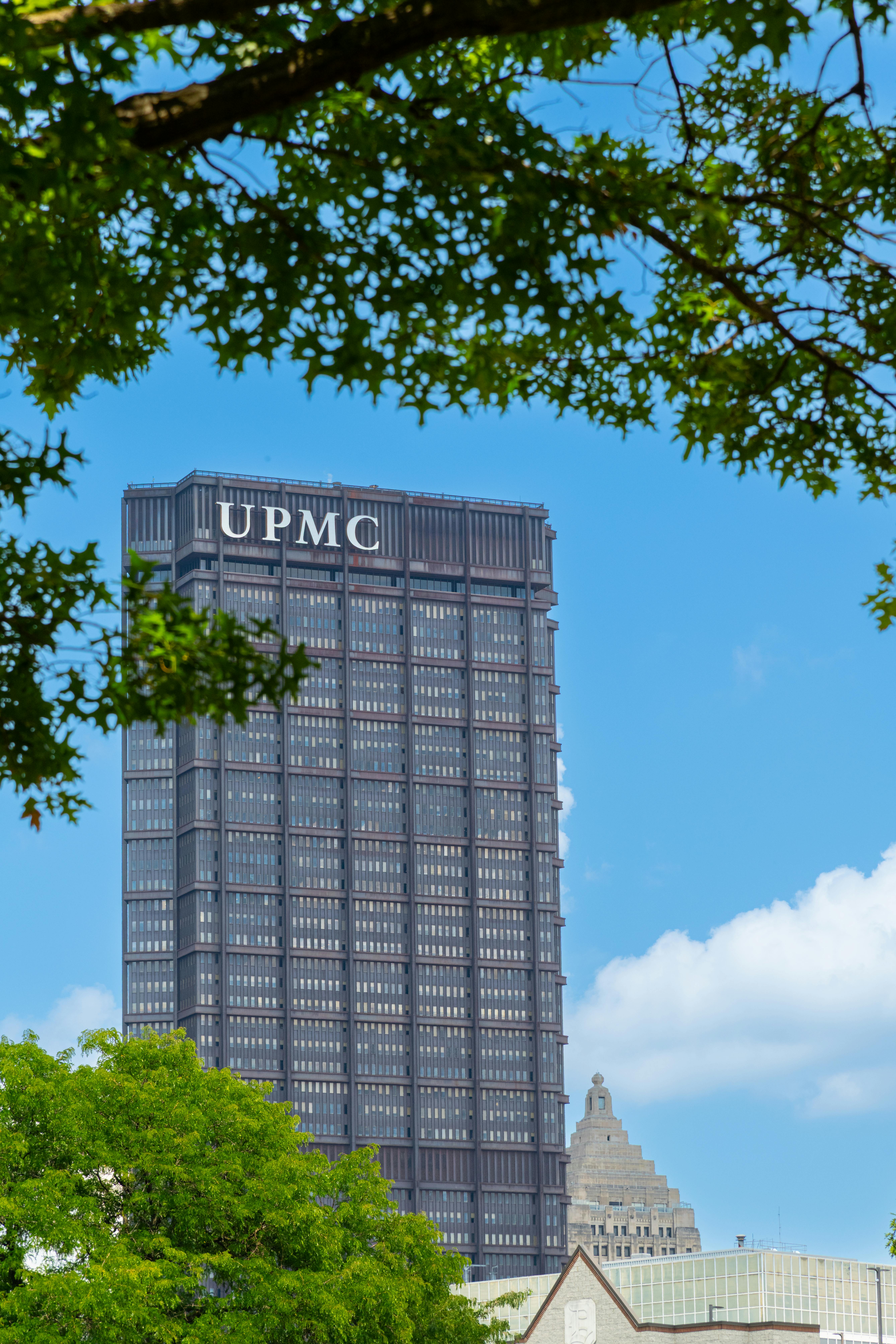 UPMC Building with Leafy Frame on Sunny Day · Free Stock Photo