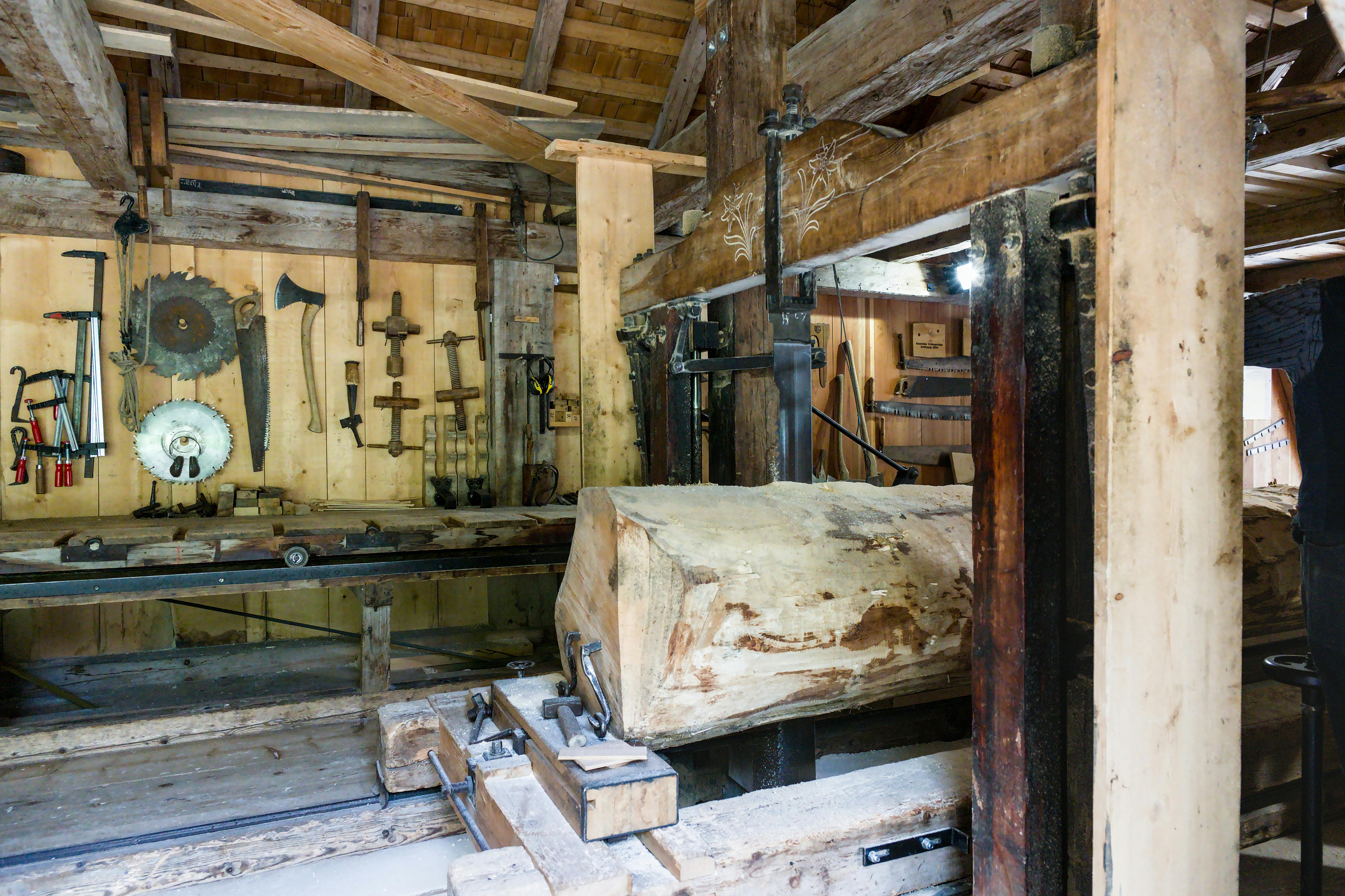 Traditional Swiss Sawmill Interior with Tools · Free Stock Photo