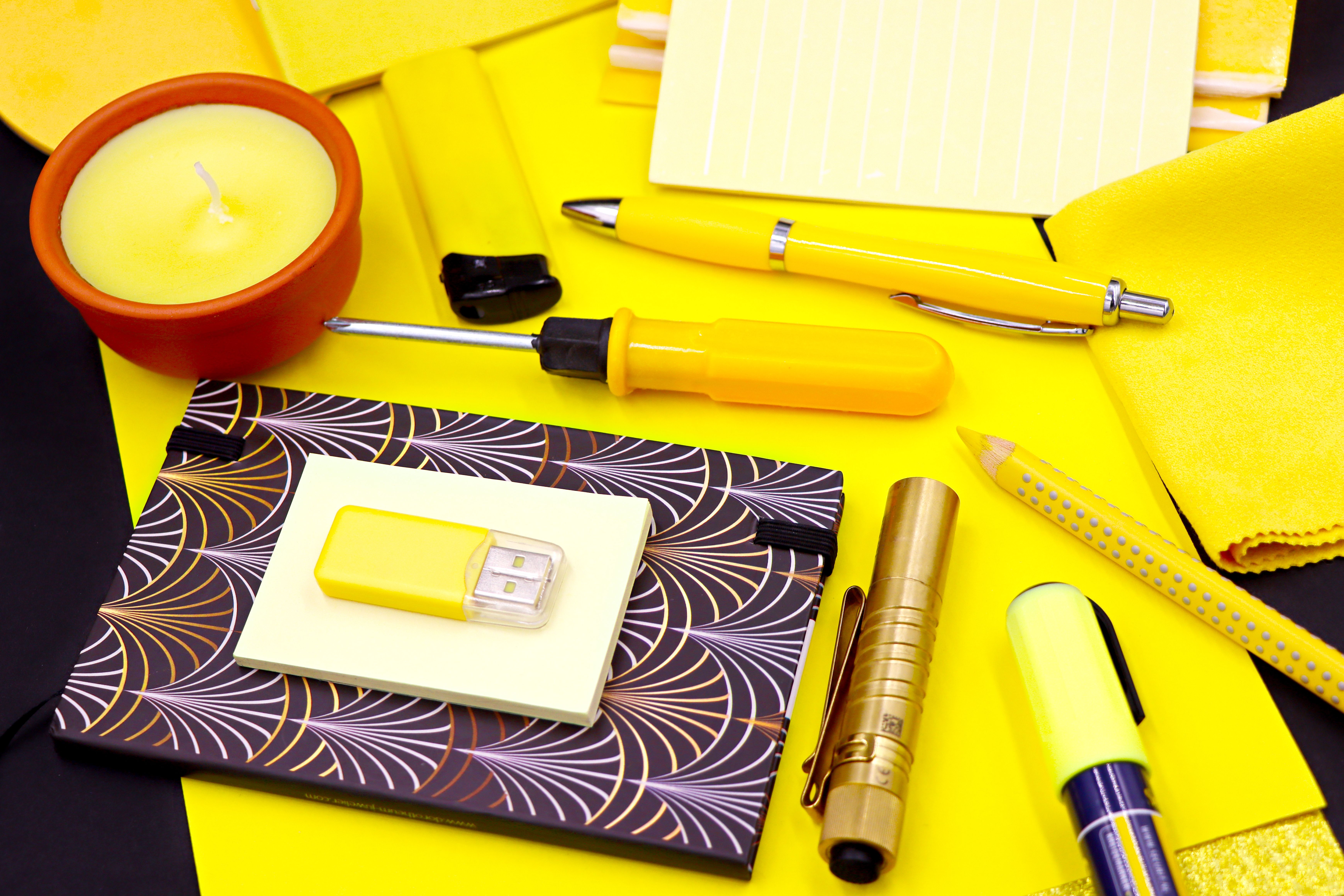Bright Yellow Office Supplies Flat Lay with USB · Free Stock Photo