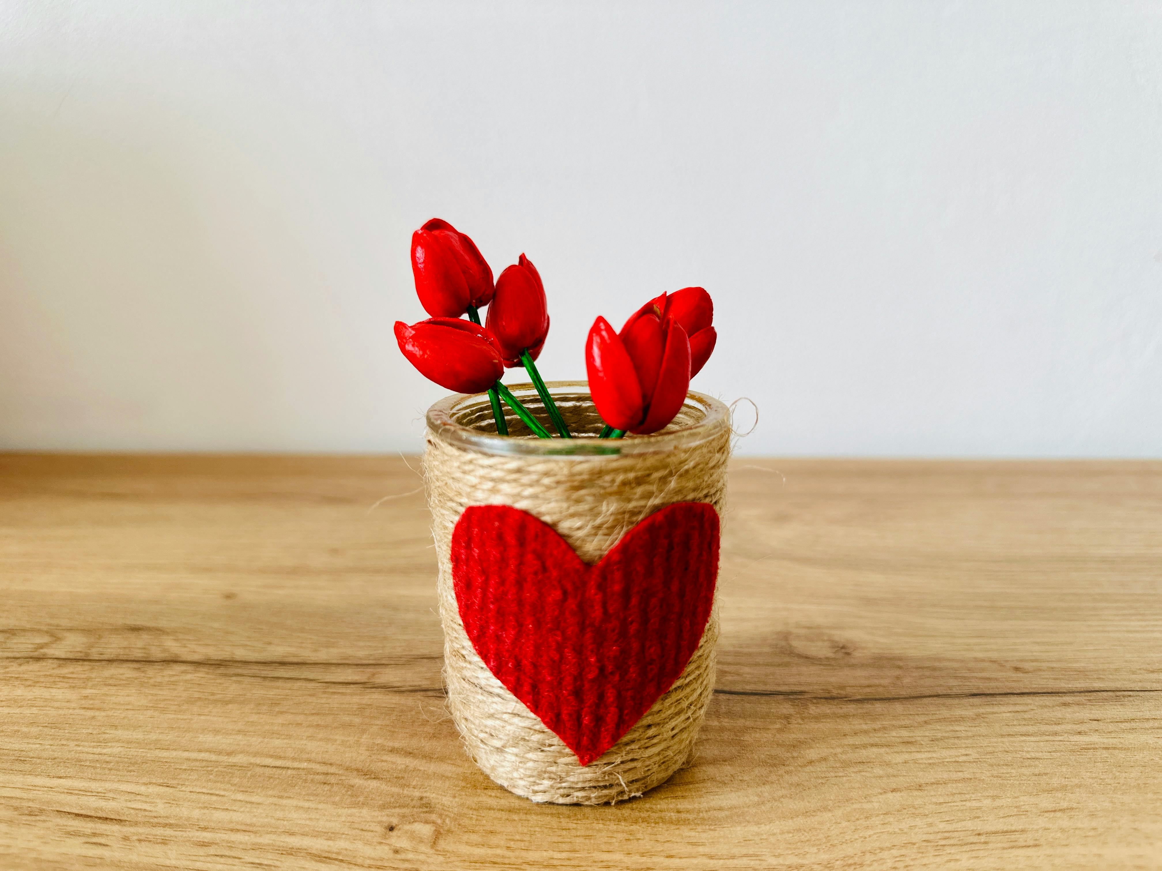 Handmade Red Heart Vase with Tulips on Wood · Free Stock Photo