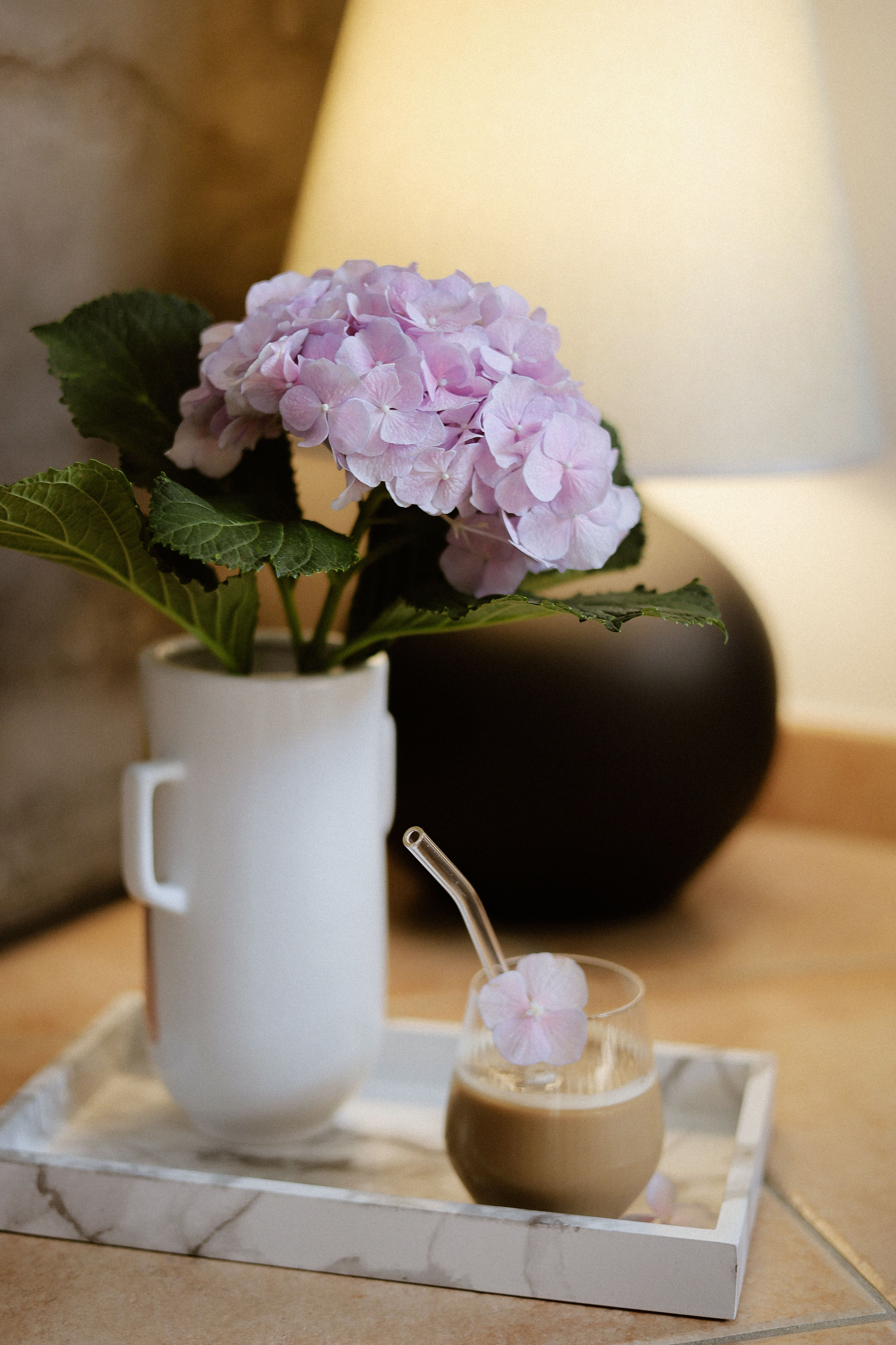 Elegant Pink Hydrangea with Coffee Setup · Free Stock Photo