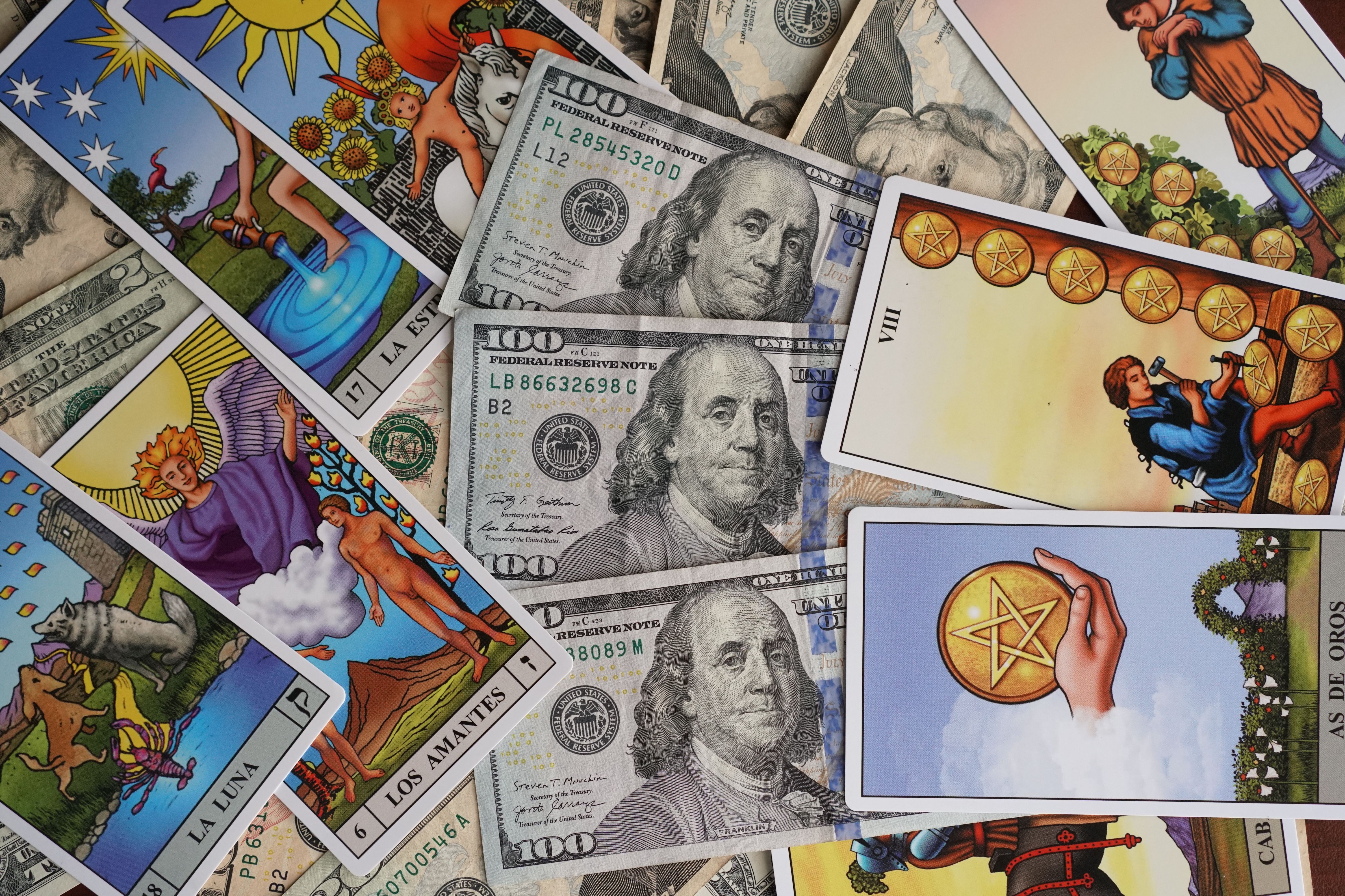 Colorful Tarot Cards with US Dollar Notes · Free Stock Photo