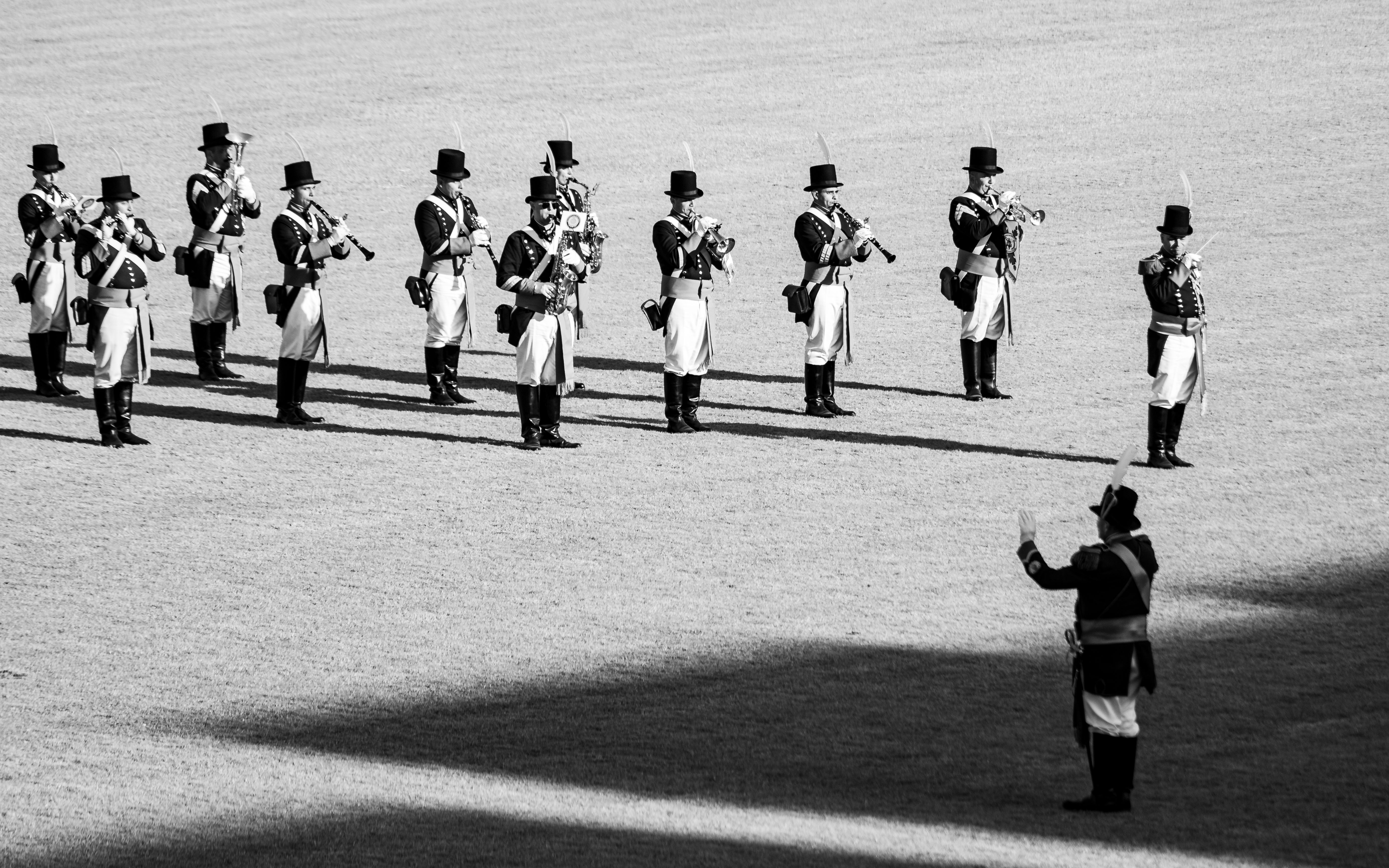 Historical Military Band Performance in Black and White · Free Stock Photo