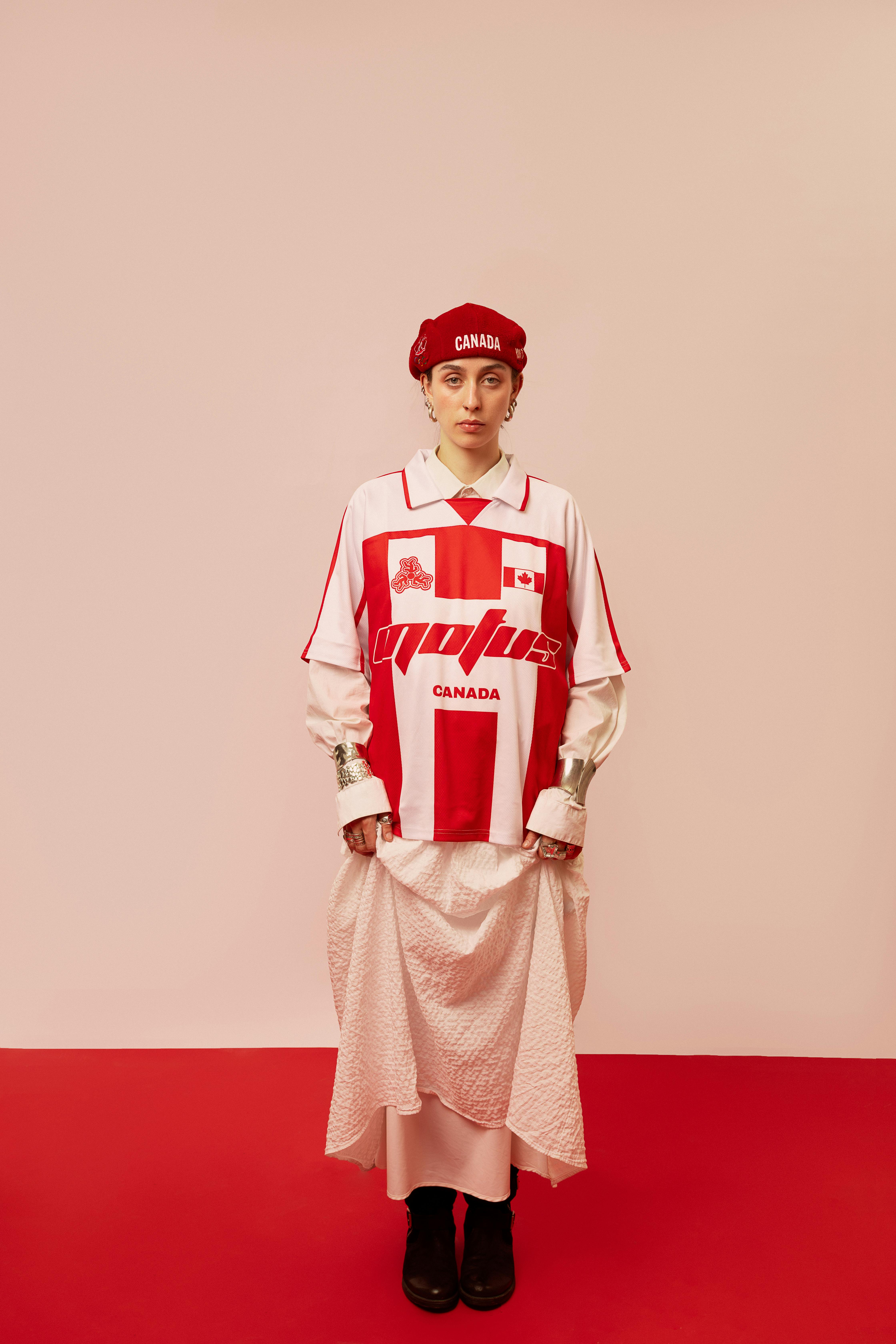 Fashion Model in Canadian Flag-Themed Outfit · Free Stock Photo