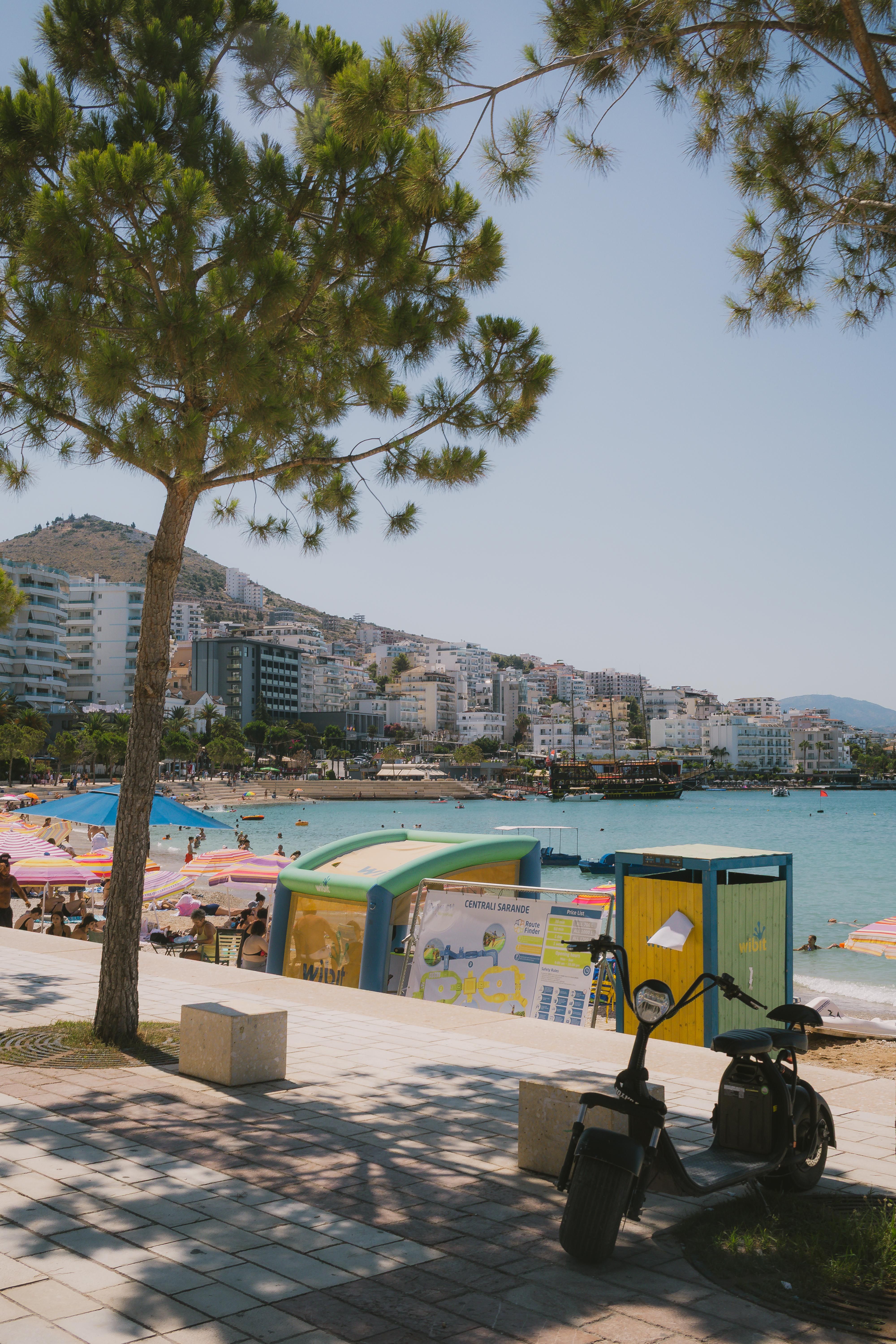 Sunny Beachfront Cityscape with Trees and Scooters · Free Stock Photo