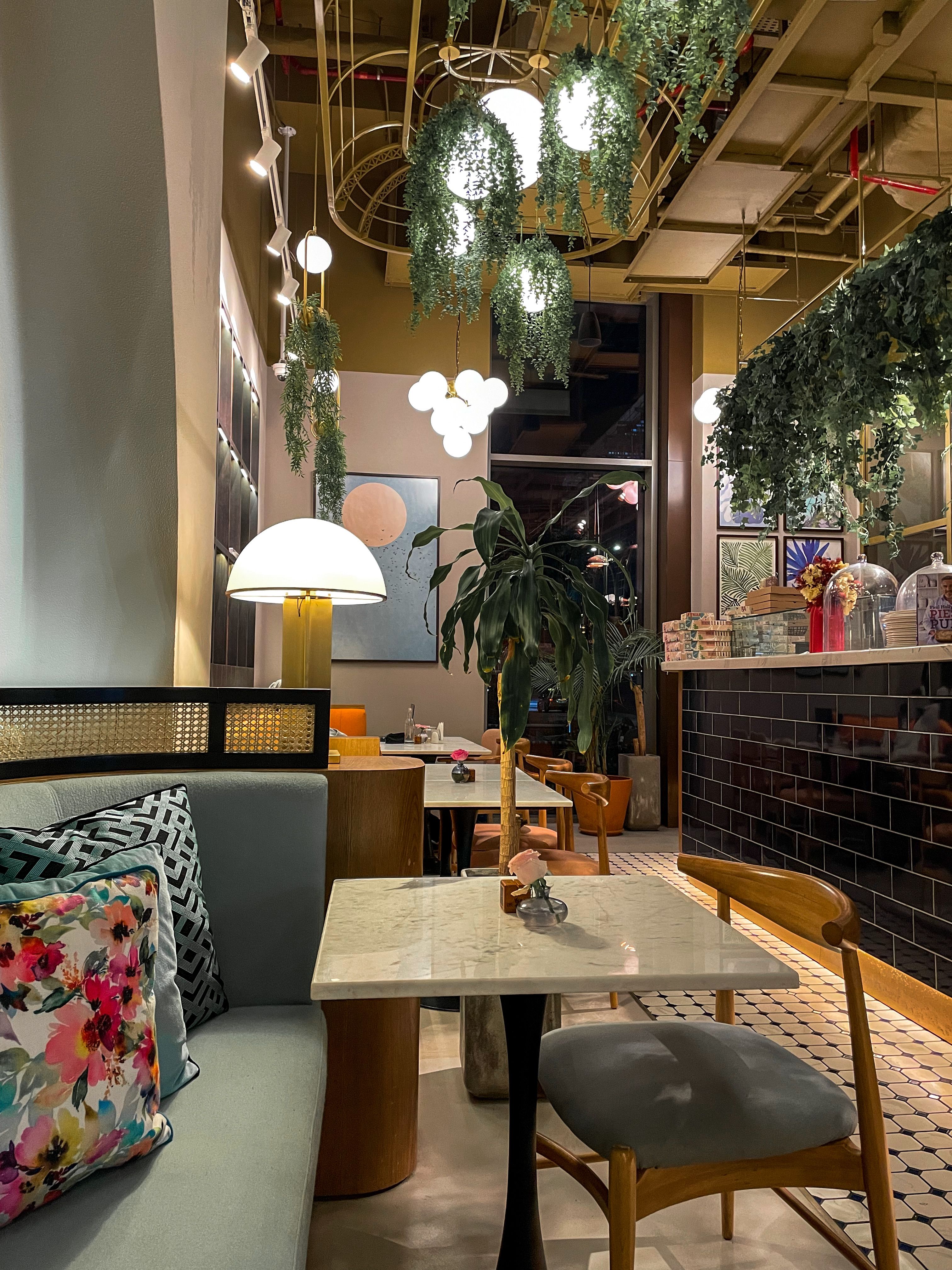 Cozy Modern Cafe Interior with Plants and Lighting · Free Stock Photo