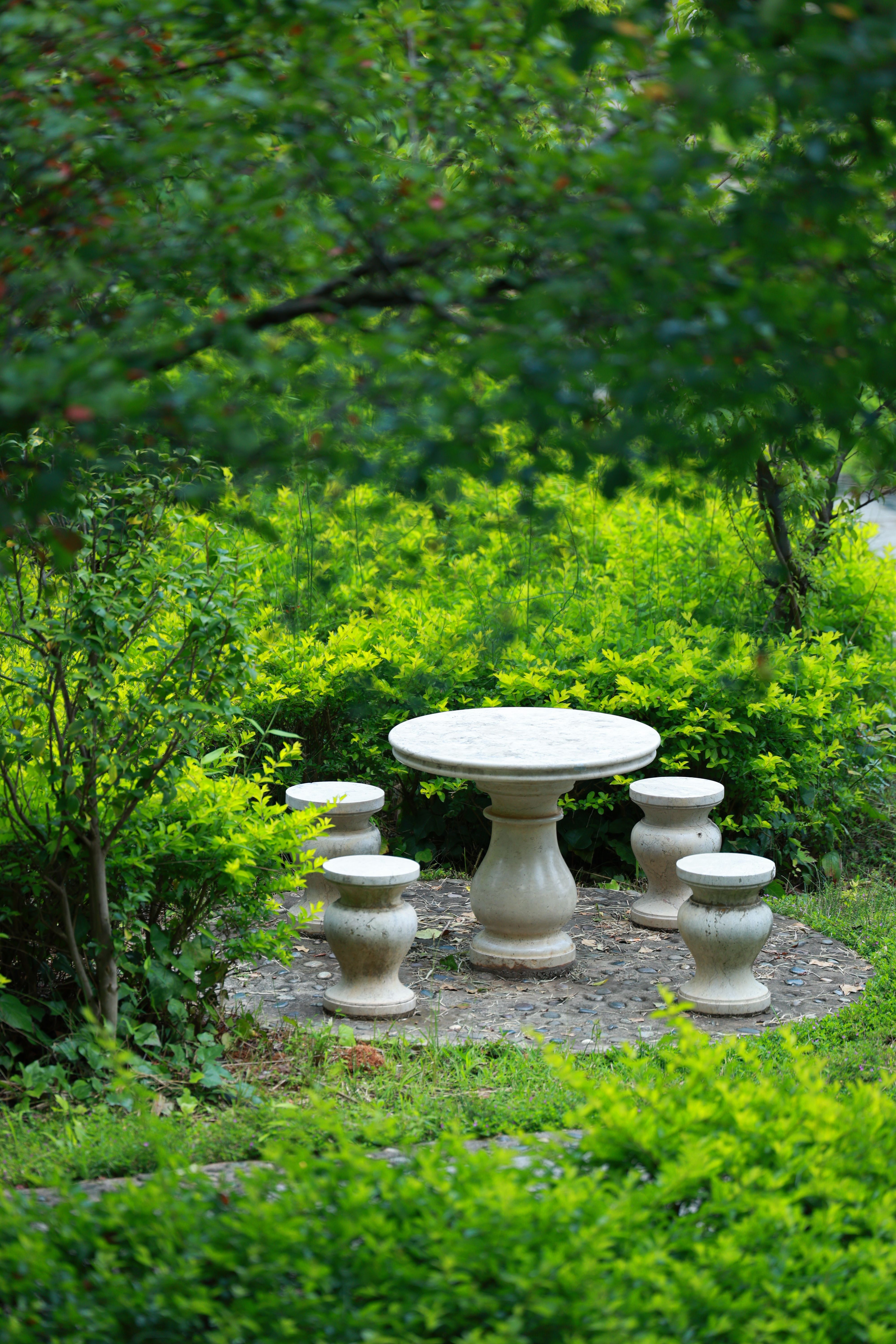 Serene Garden Setting with Stone Table and Chairs · Free Stock Photo