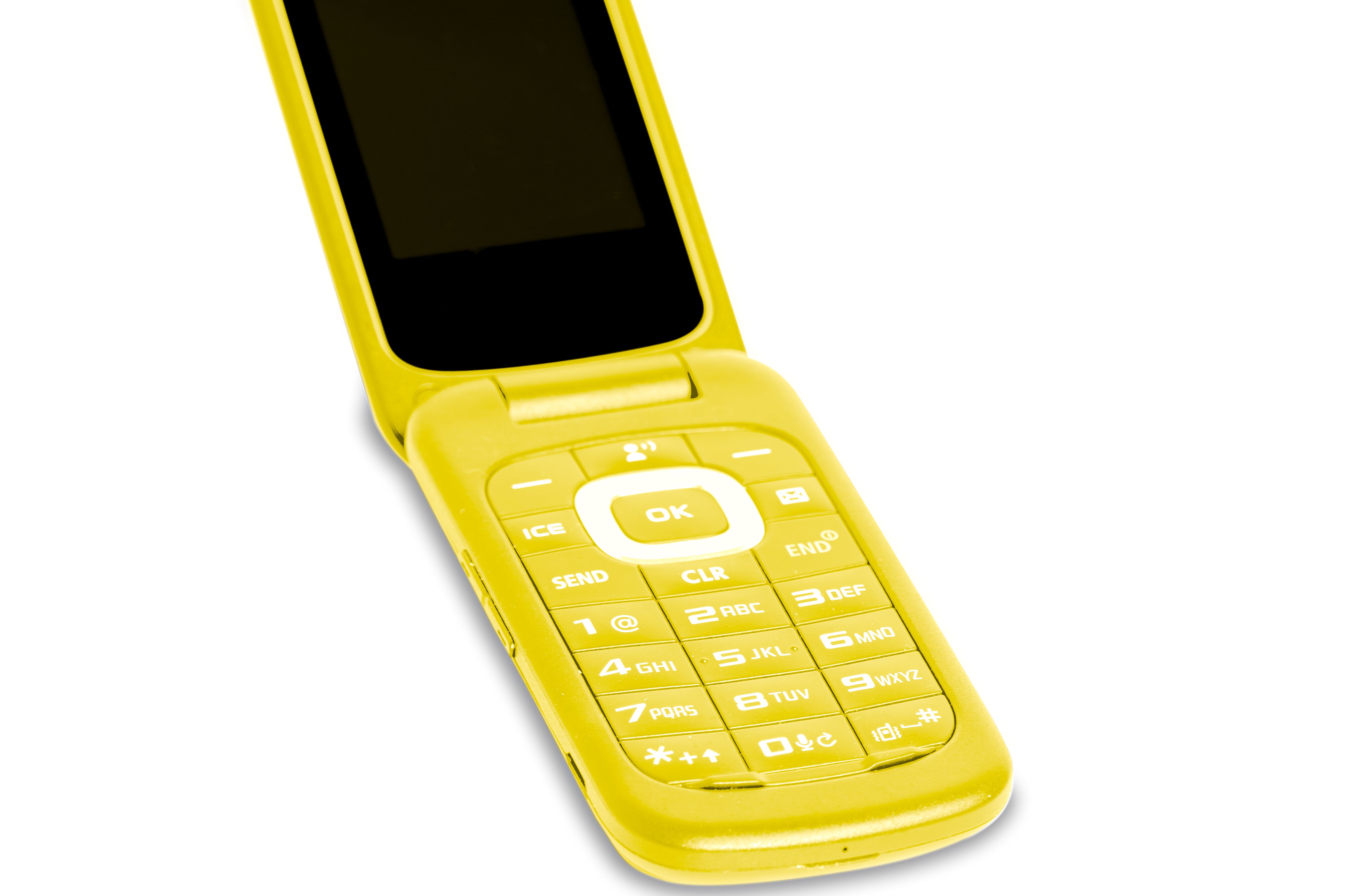 Bright Yellow Retro Flip Phone on White Background · Free Stock Photo