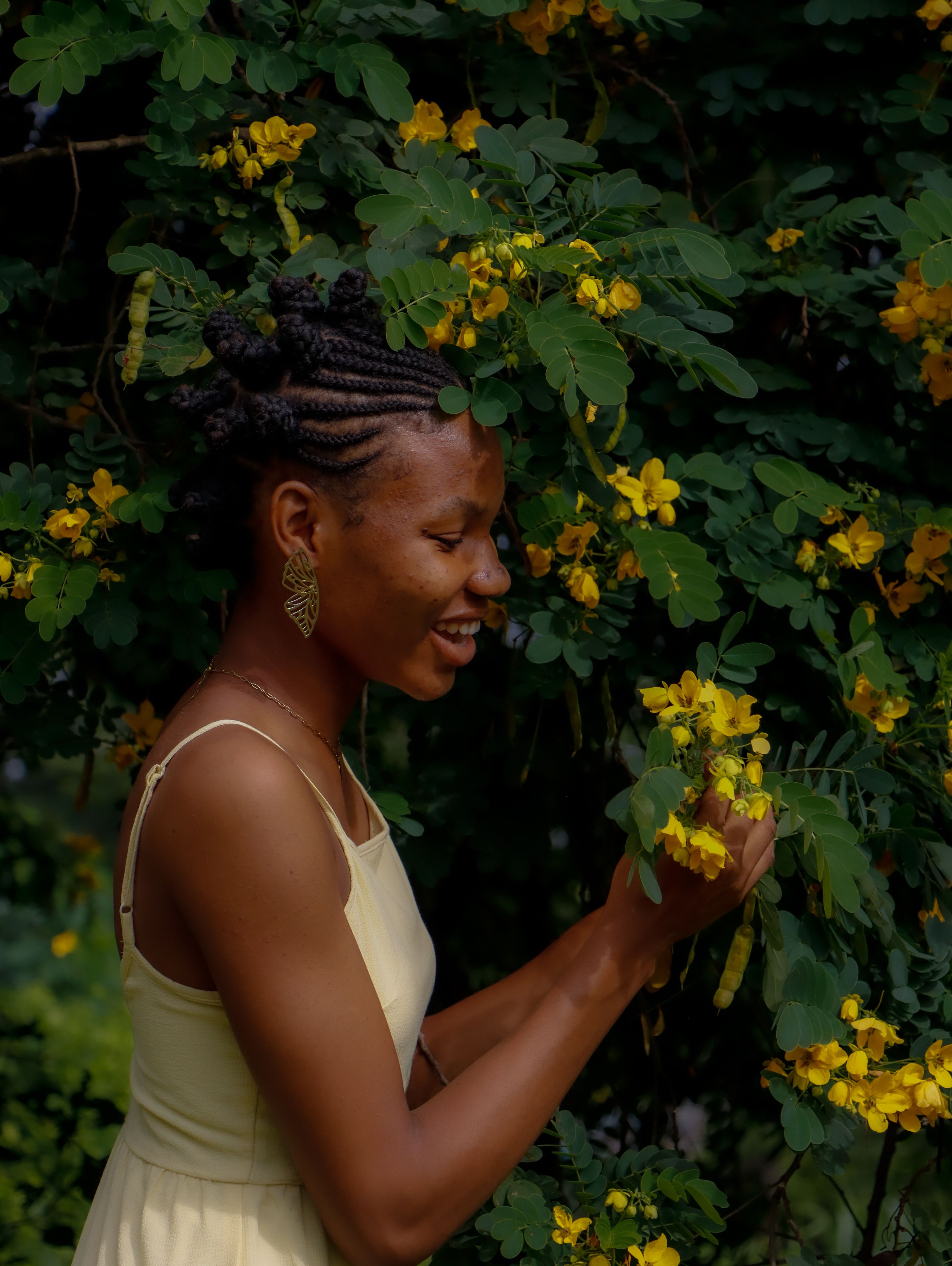 Smiling Woman Amongst Yellow Senna Flowers Outdoors · Free Stock Photo