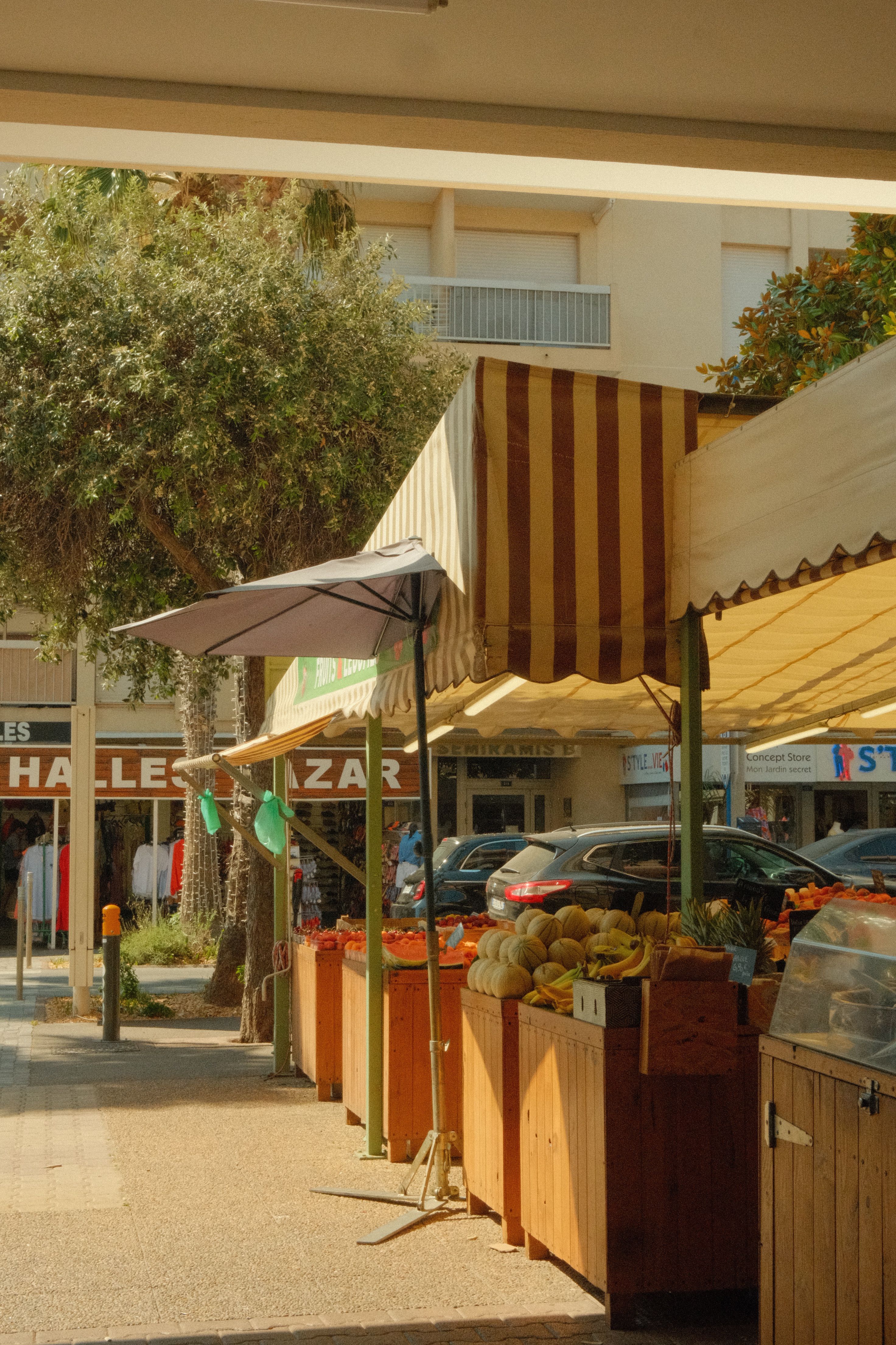 Sunny Outdoor Farmers Market with Fruit Stalls · Free Stock Photo