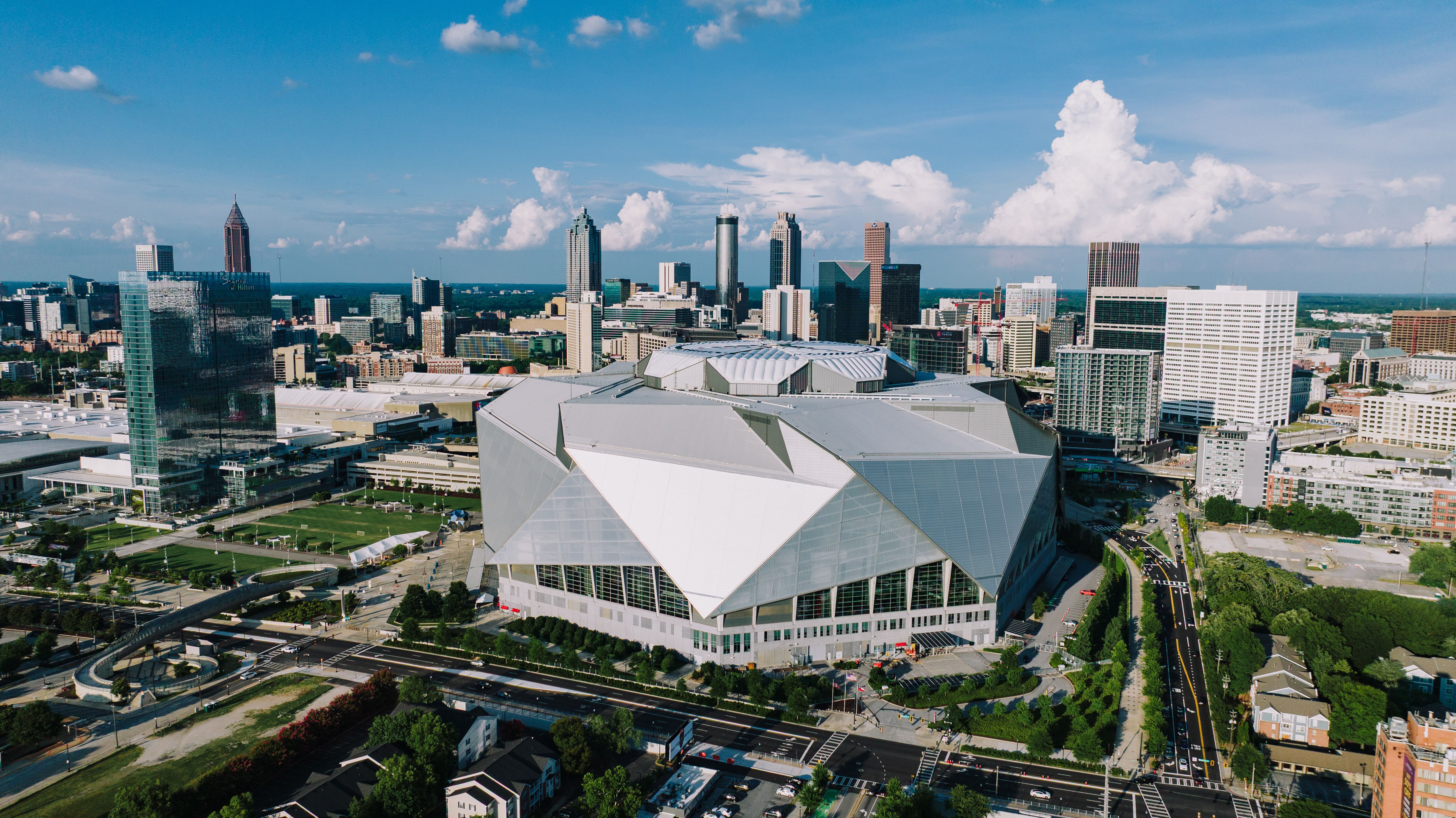 Aerial View of Mercedes-Benz Stadium in Atlanta Skyline · Free Stock Photo