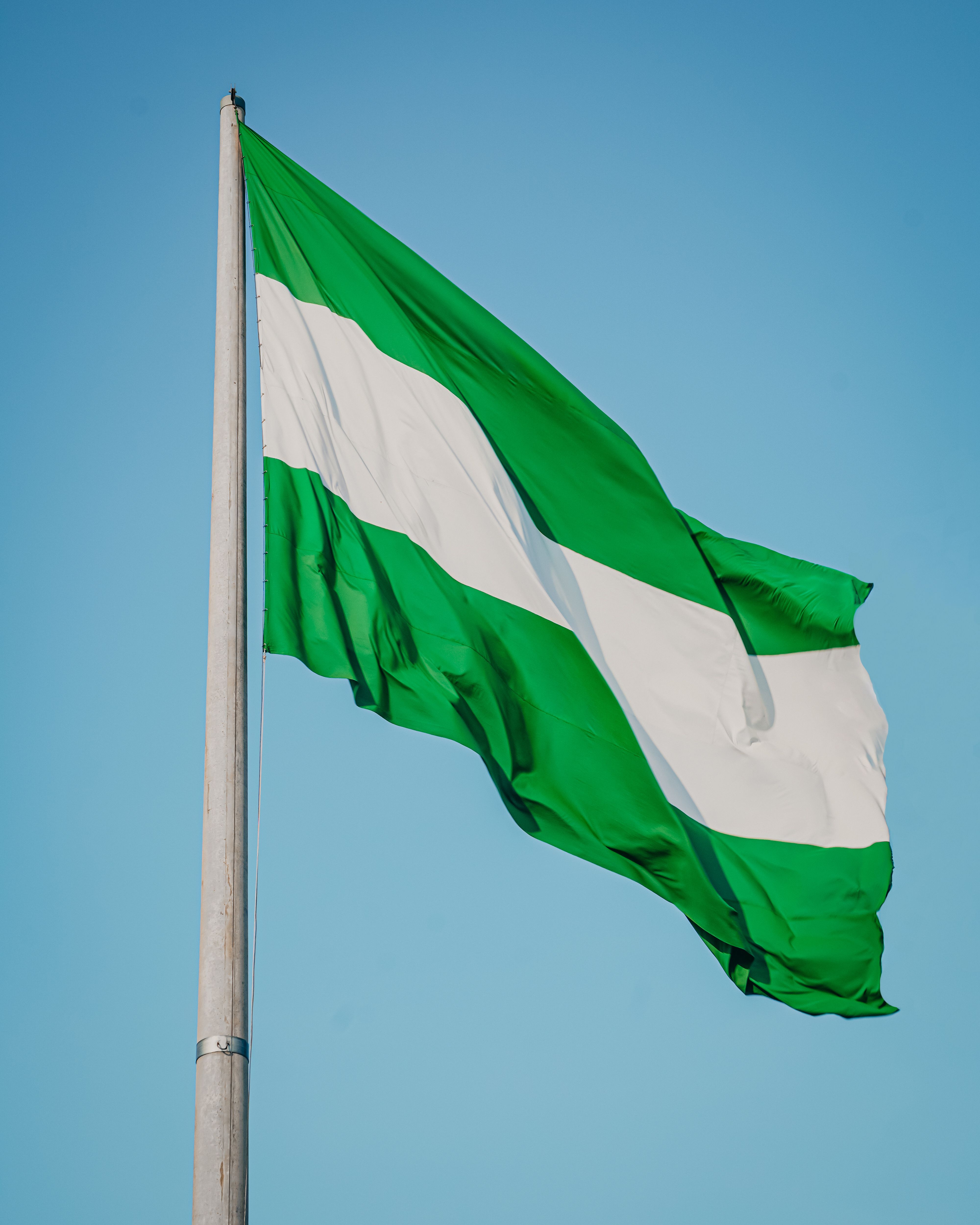Green and White Flag Flying Against Clear Sky · Free Stock Photo