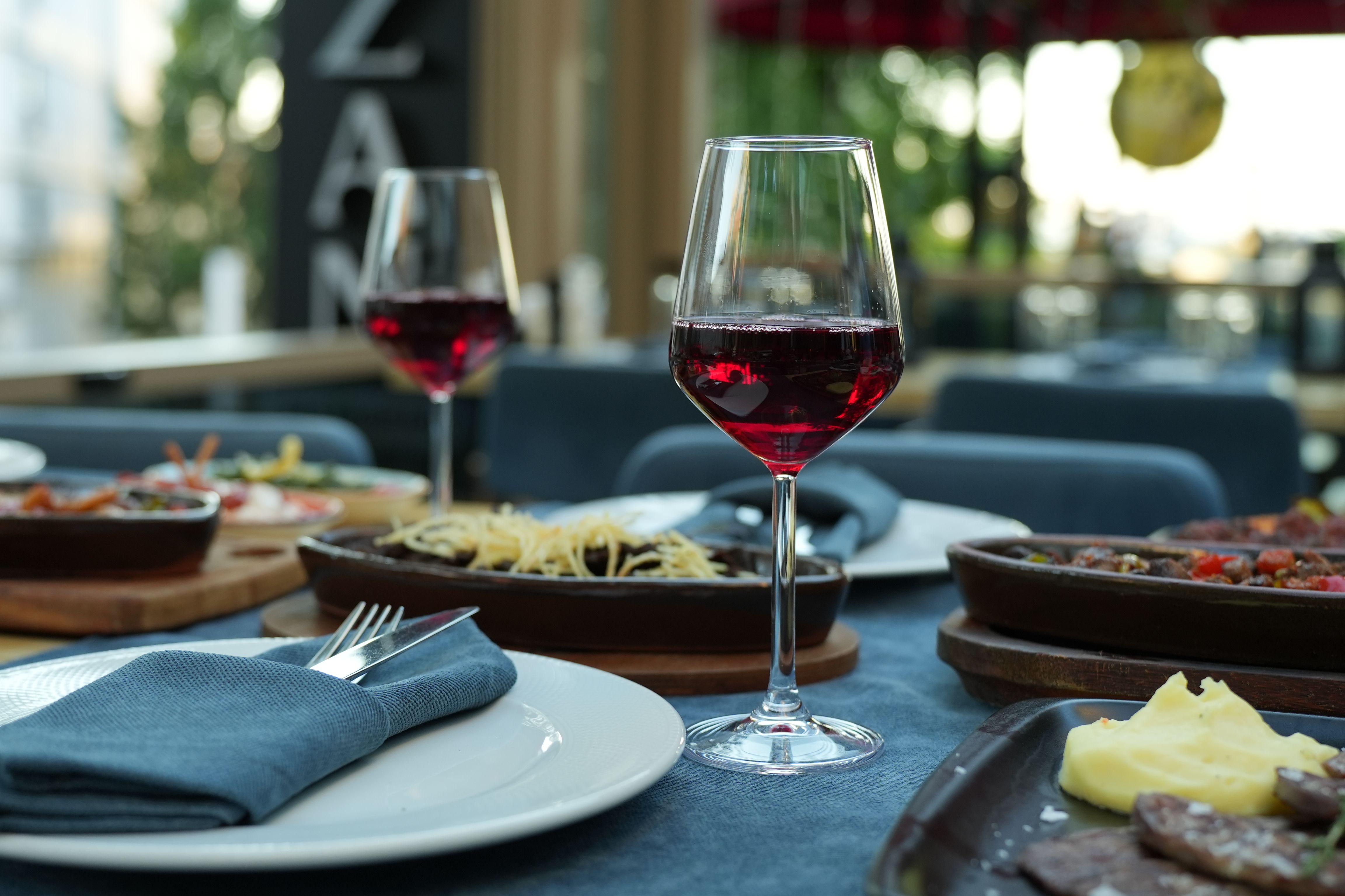 Elegant Dining Experience with Red Wine and Gourmet Food · Free Stock Photo