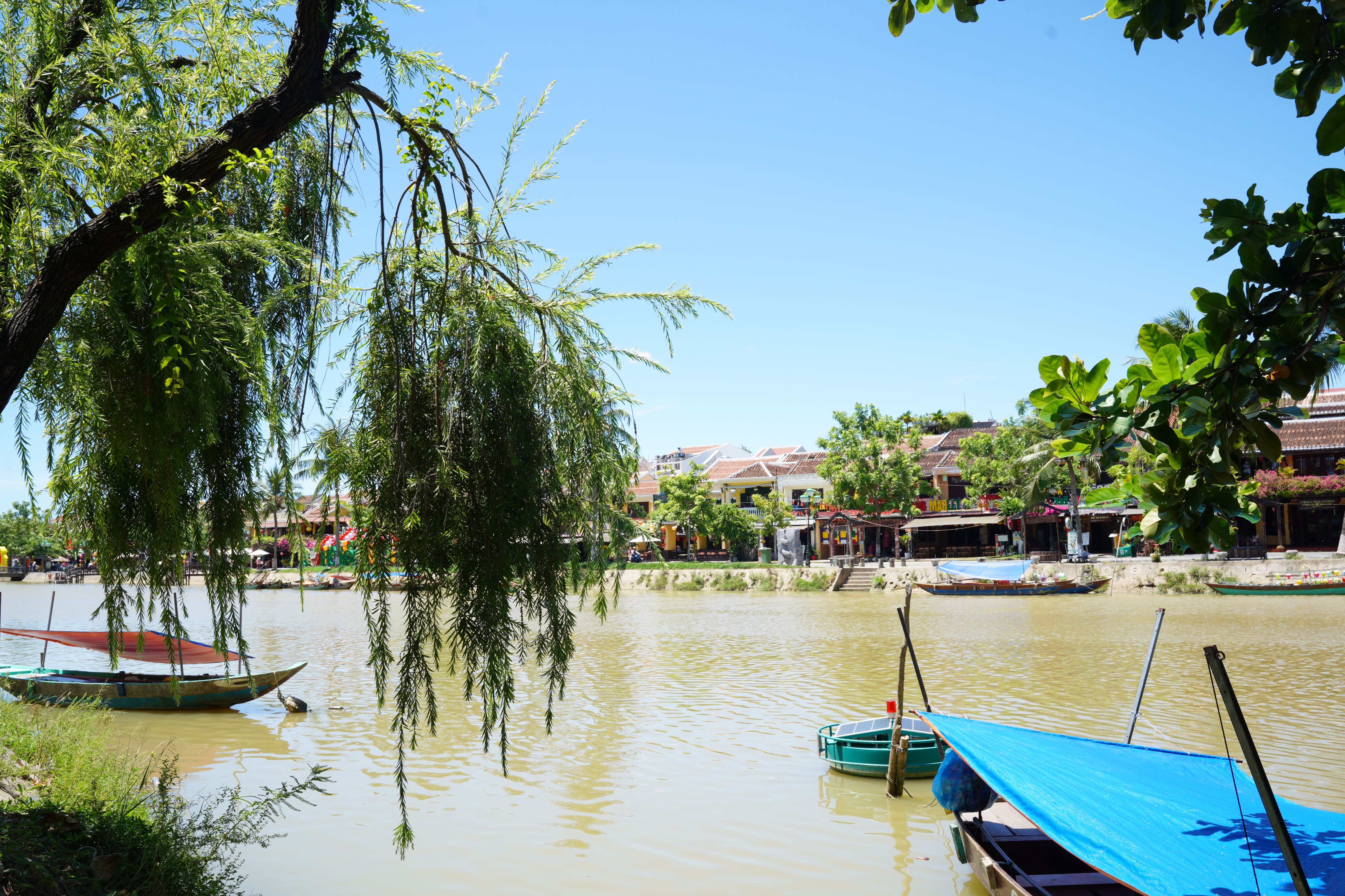 Scenic Riverside View with Boats and Trees · Free Stock Photo