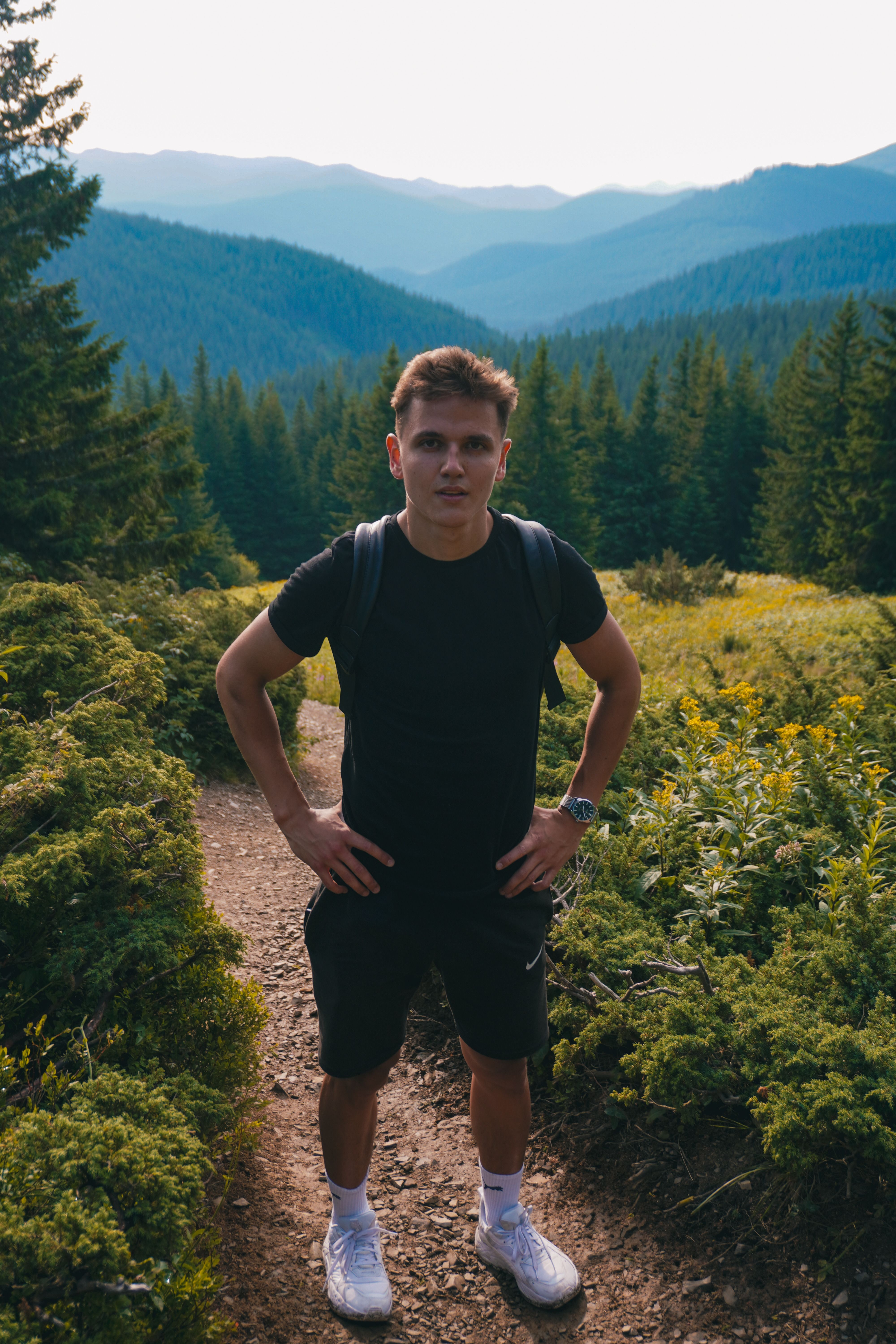 Hiker Posing on Mountain Trail in Lush Forest · Free Stock Photo