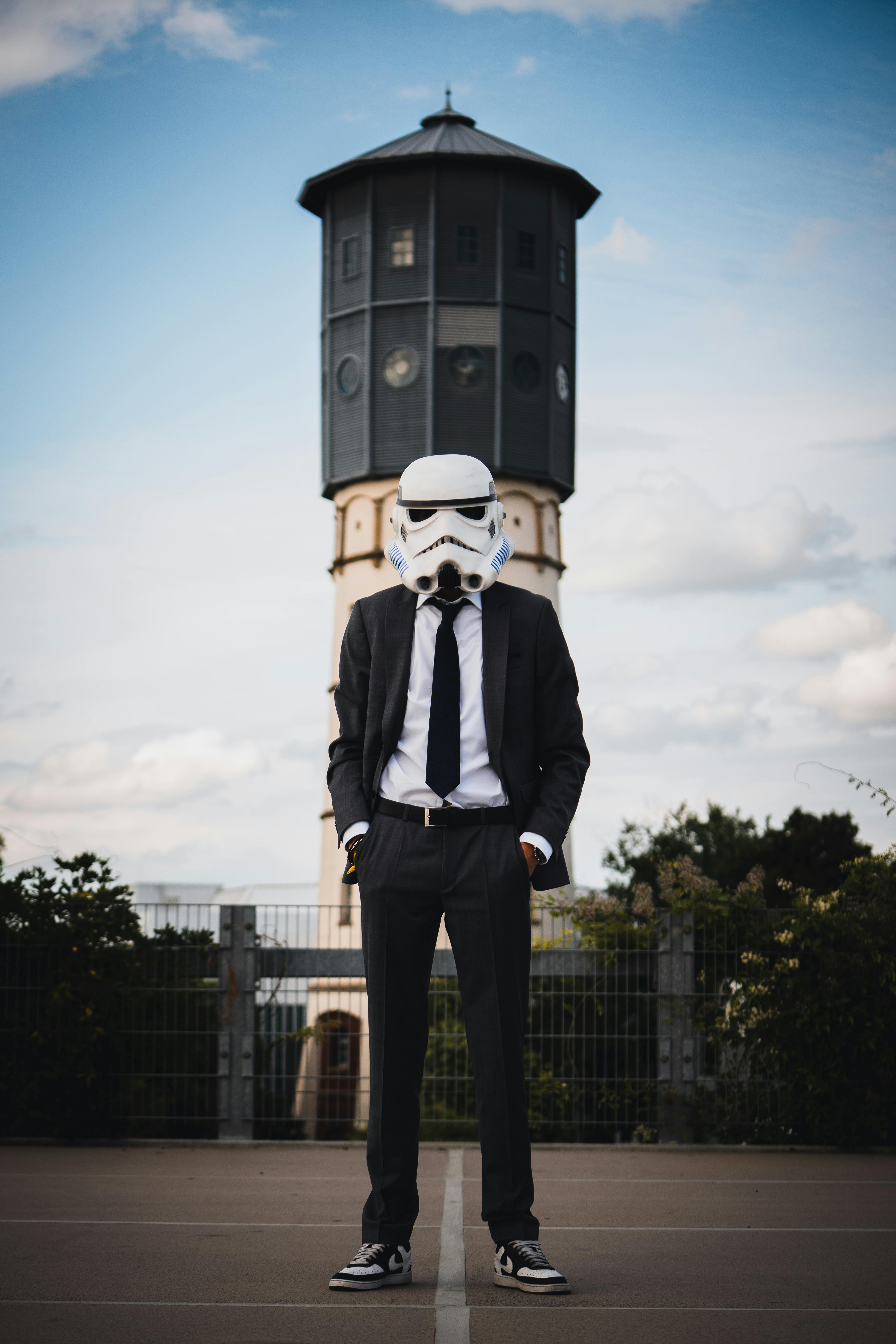 Stormtrooper Costume with Water Tower Backdrop · Free Stock Photo