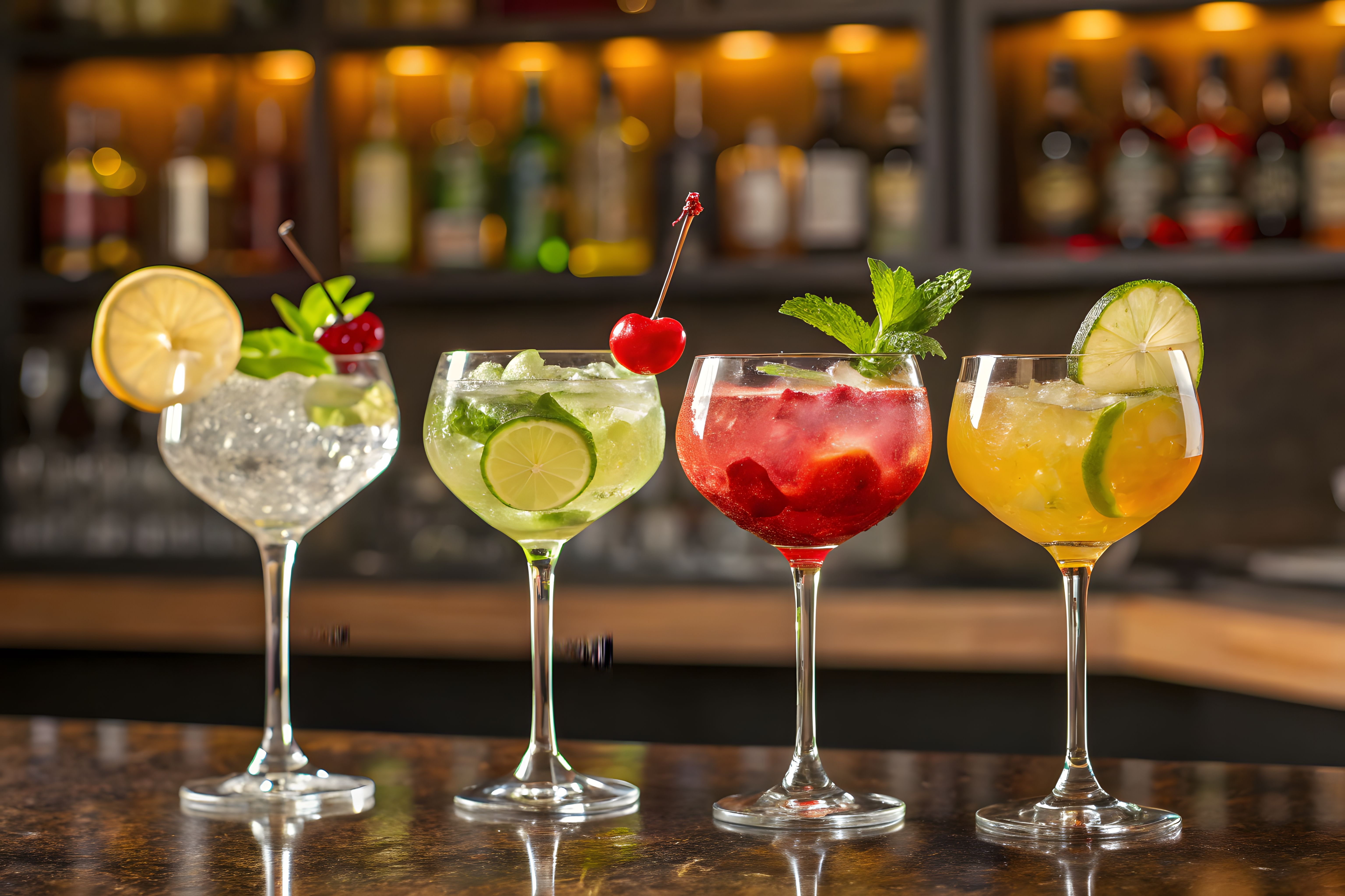 Colorful Cocktails Standing in Line on Bar Counter · Free Stock Photo