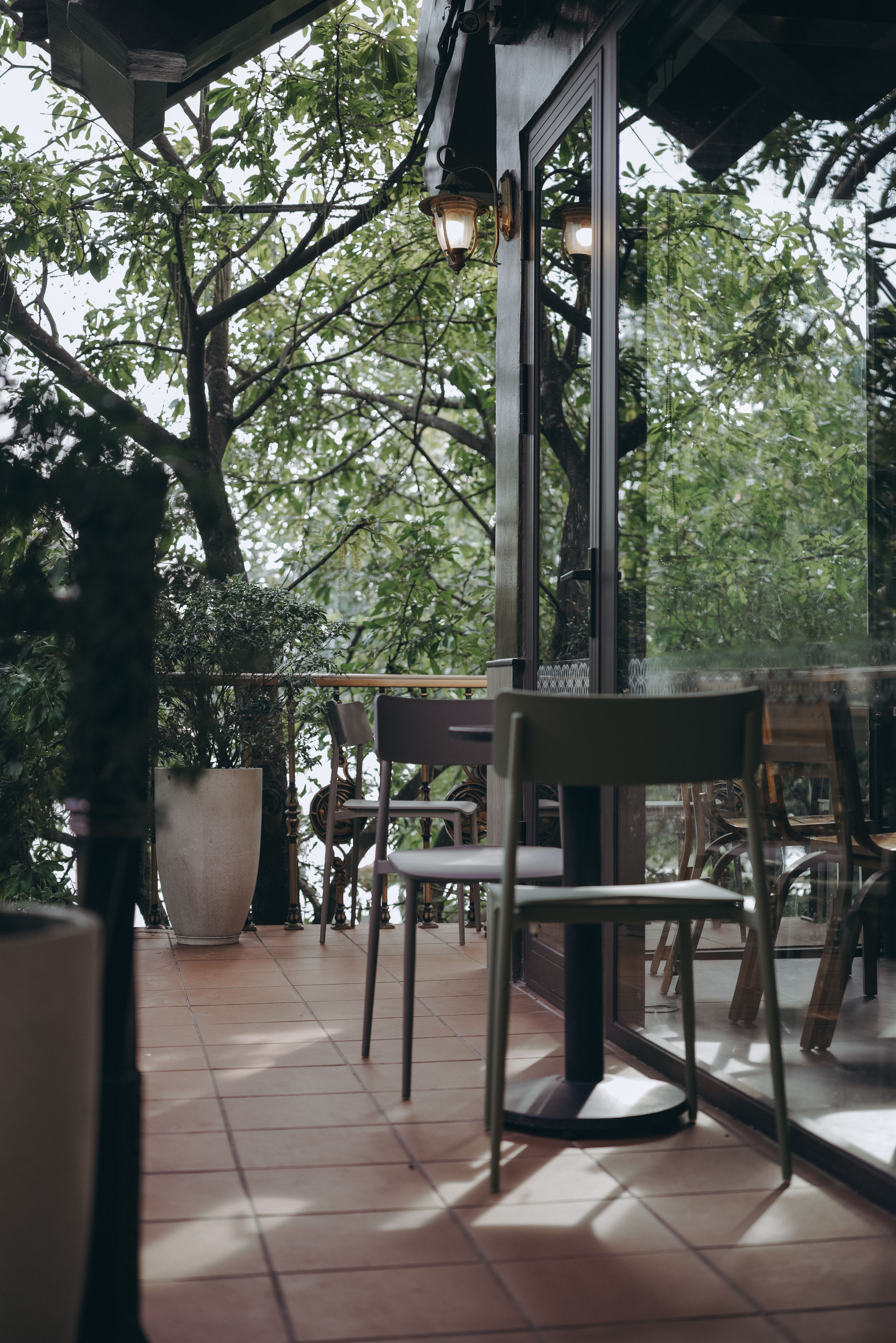 Serene Outdoor Cafe Seating in Lush Greenery · Free Stock Photo