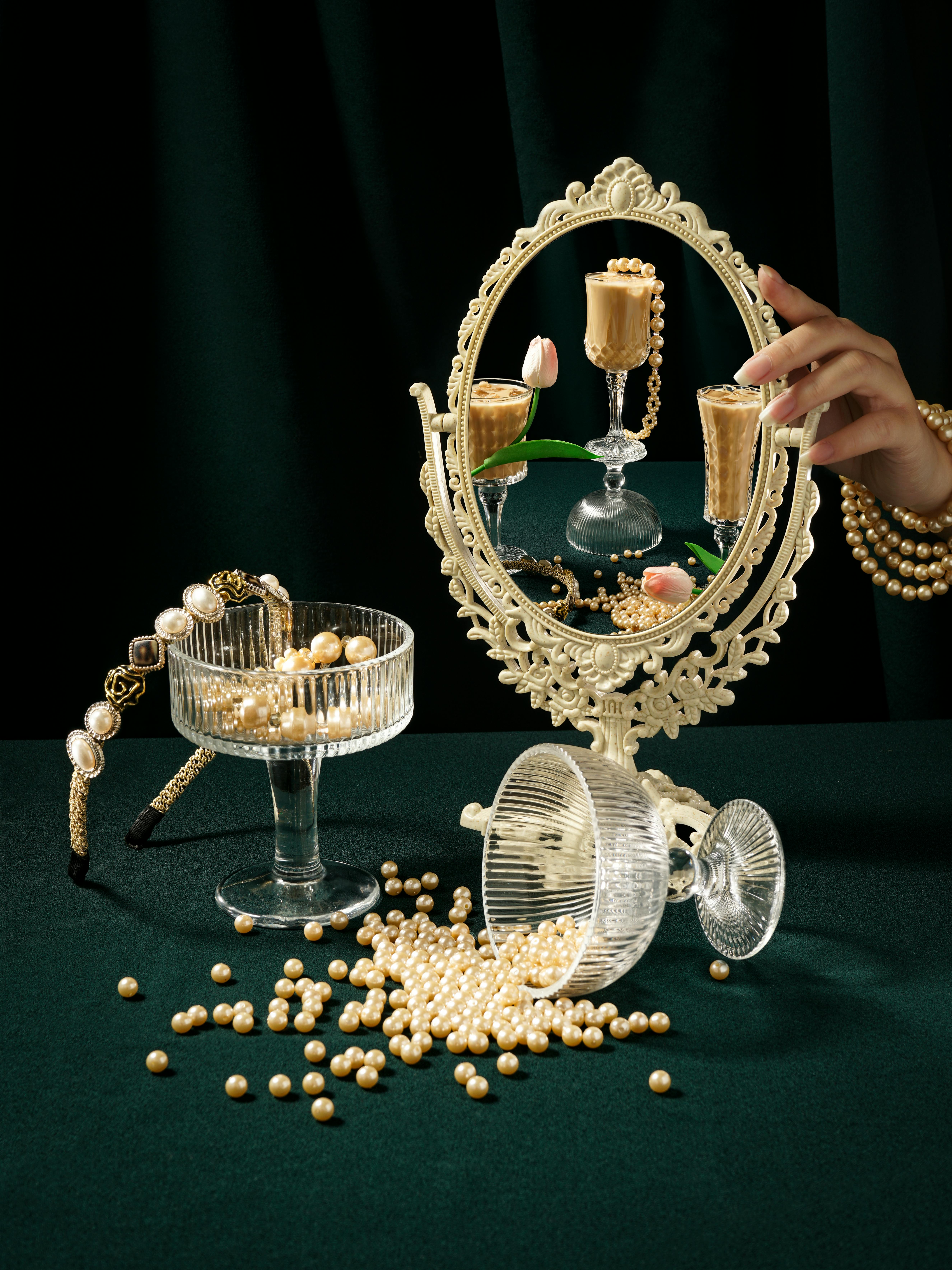 Elegant Vanity Scene with Pearls and Mirror Reflection · Free Stock Photo