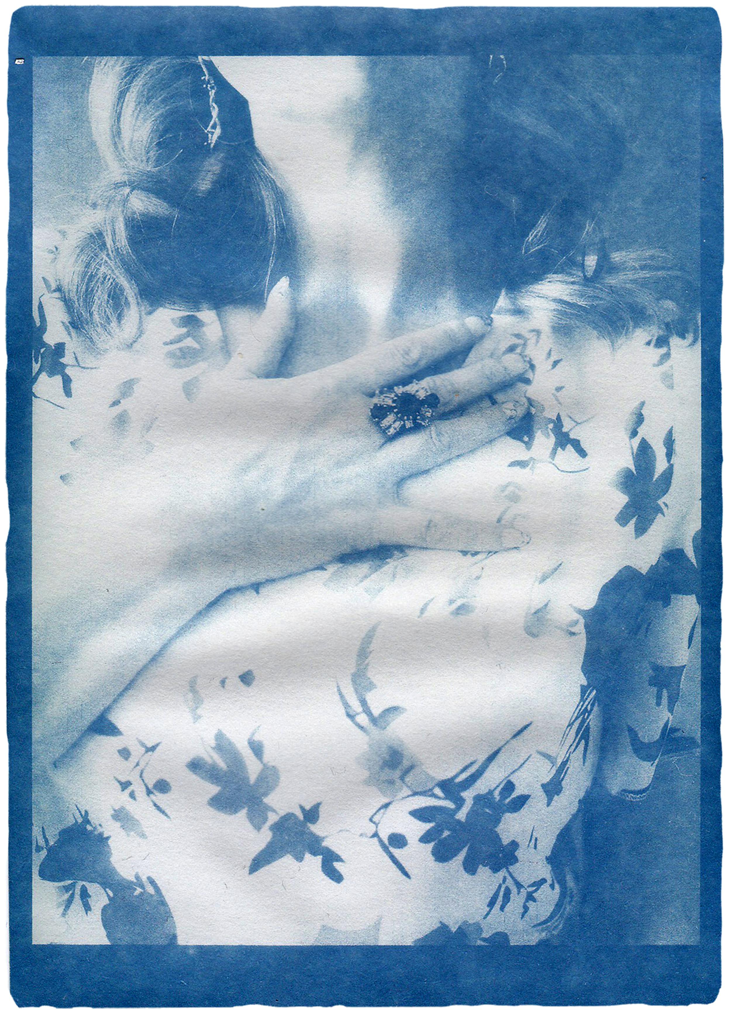 Vintage Cyanotype Print of Woman with Flowers · Free Stock Photo