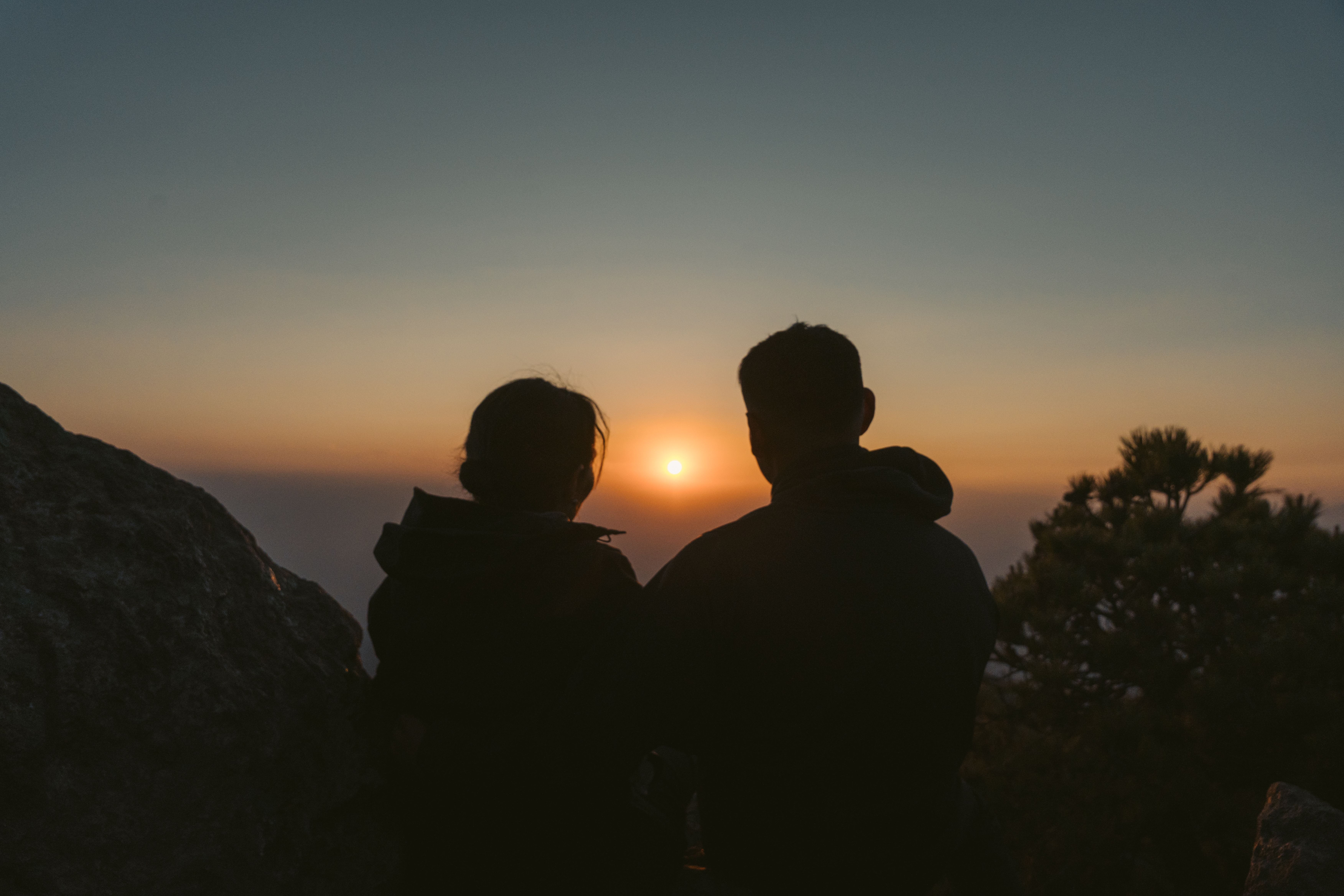 Two Person Standing Taking Picture Facing Mountain and City during ...