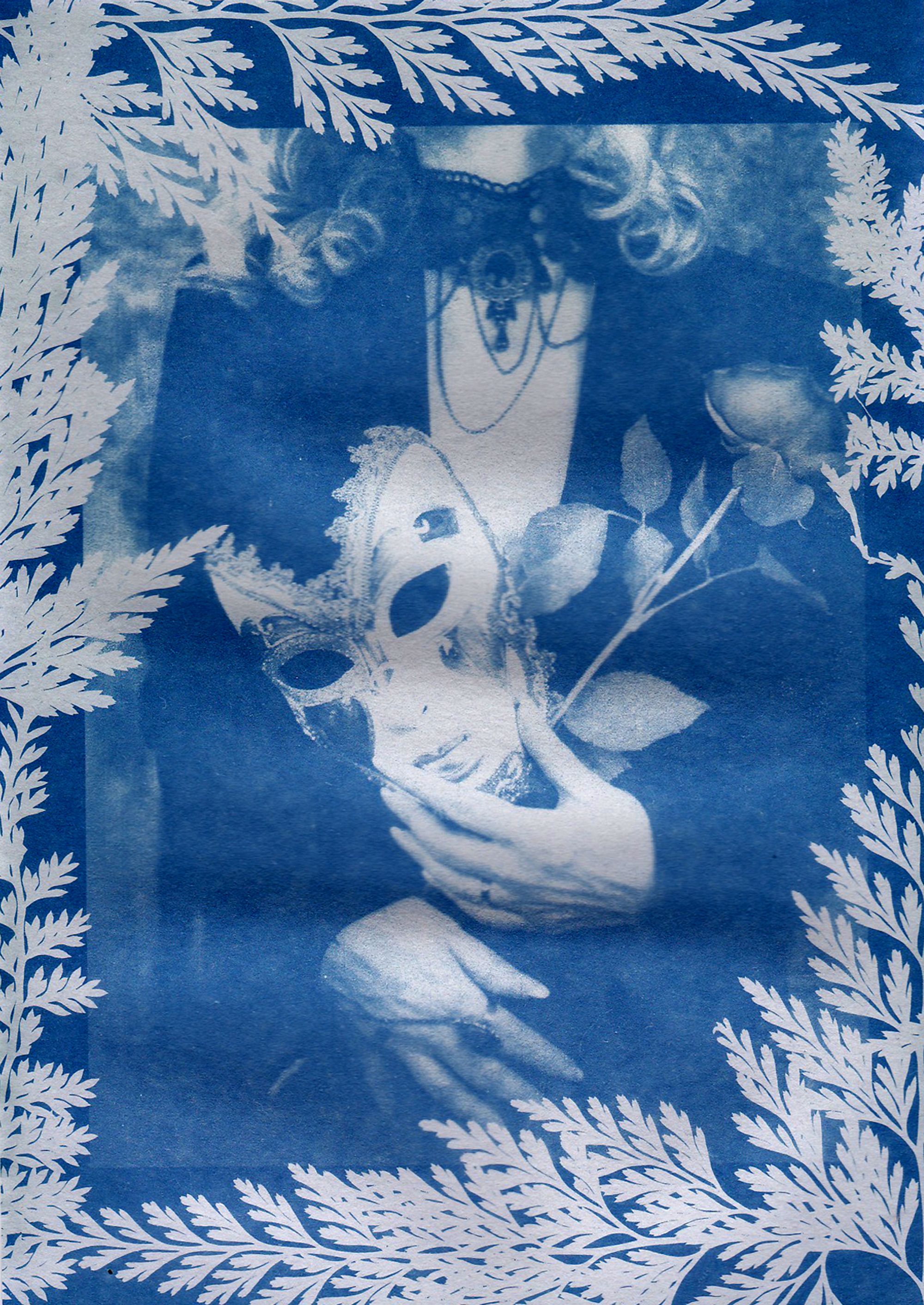 Elegant Mask and Rose in Cyanotype Art · Free Stock Photo