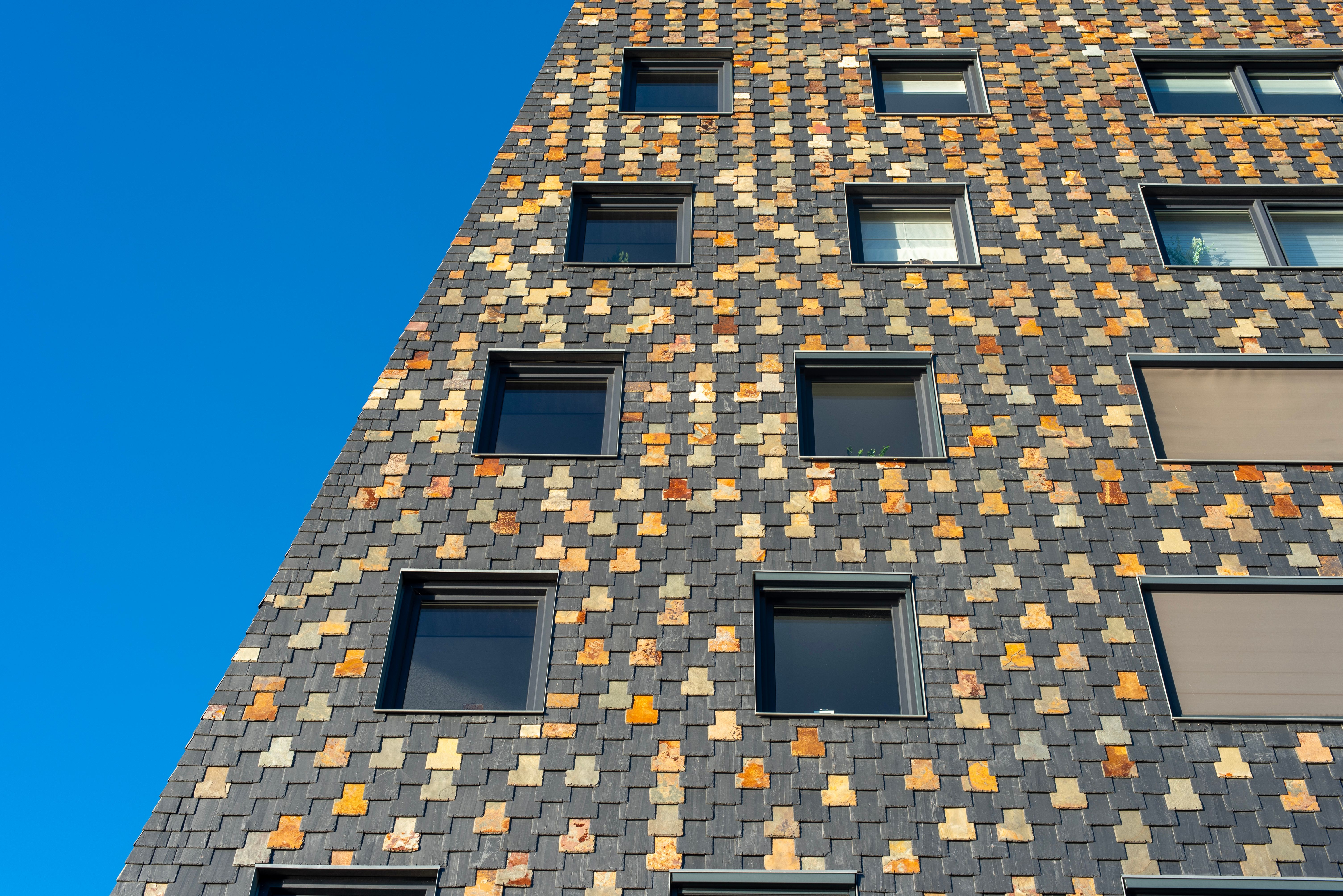 Modern Building Facade with Colorful Tiles · Free Stock Photo