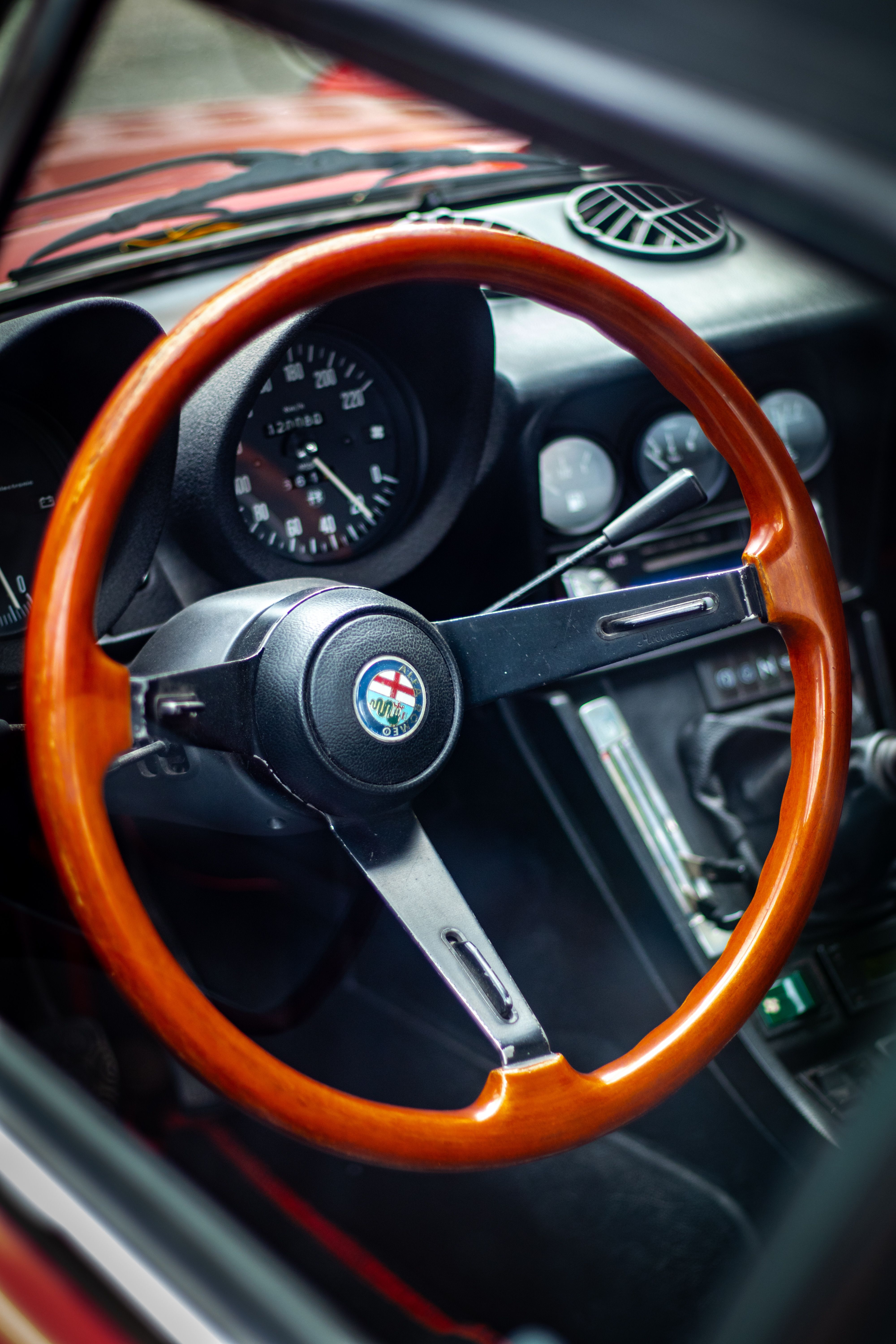 Classic Car Interior with Vintage Wooden Steering Wheel · Free Stock Photo