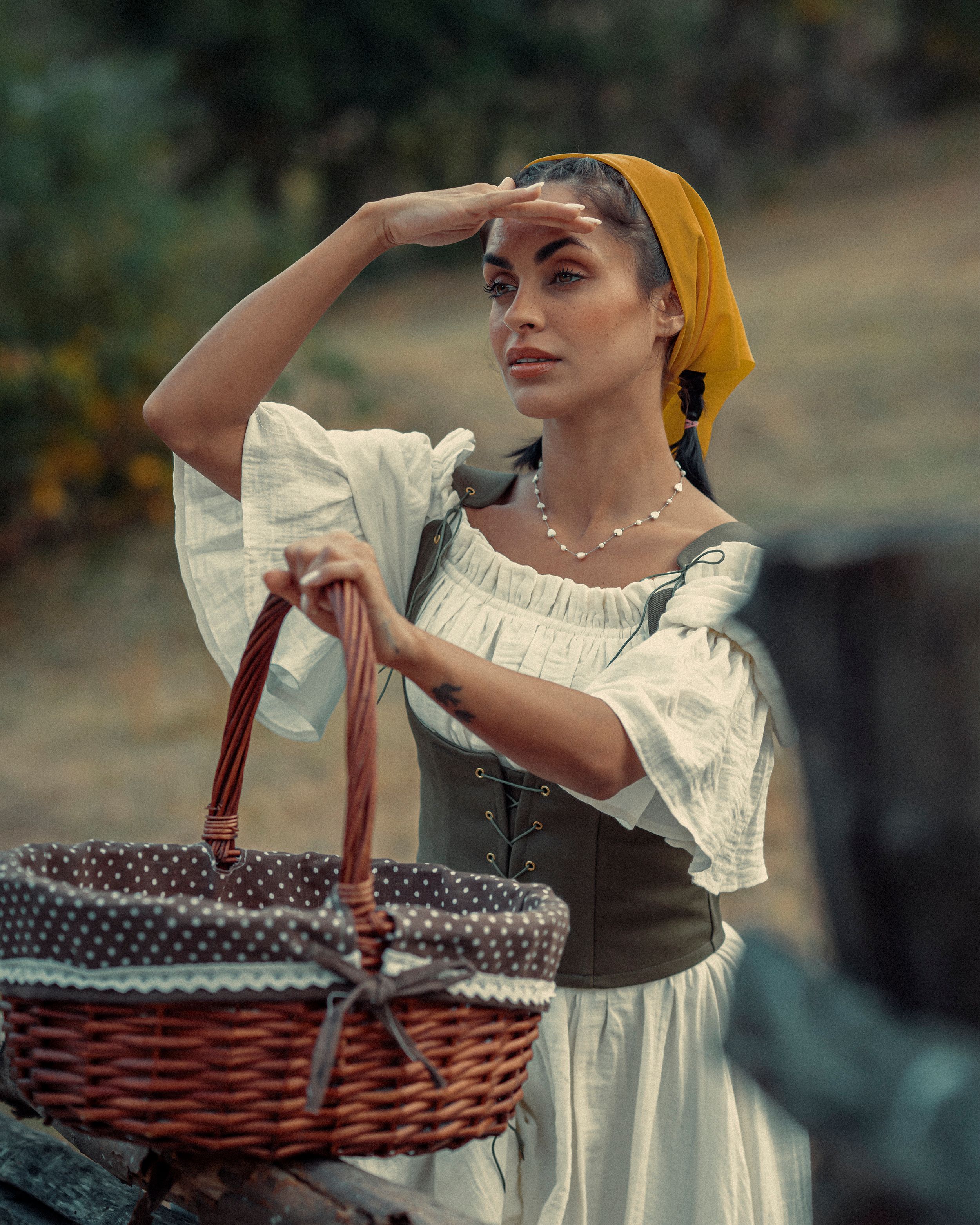 Traditional Woman Outdoors with Woven Basket · Free Stock Photo