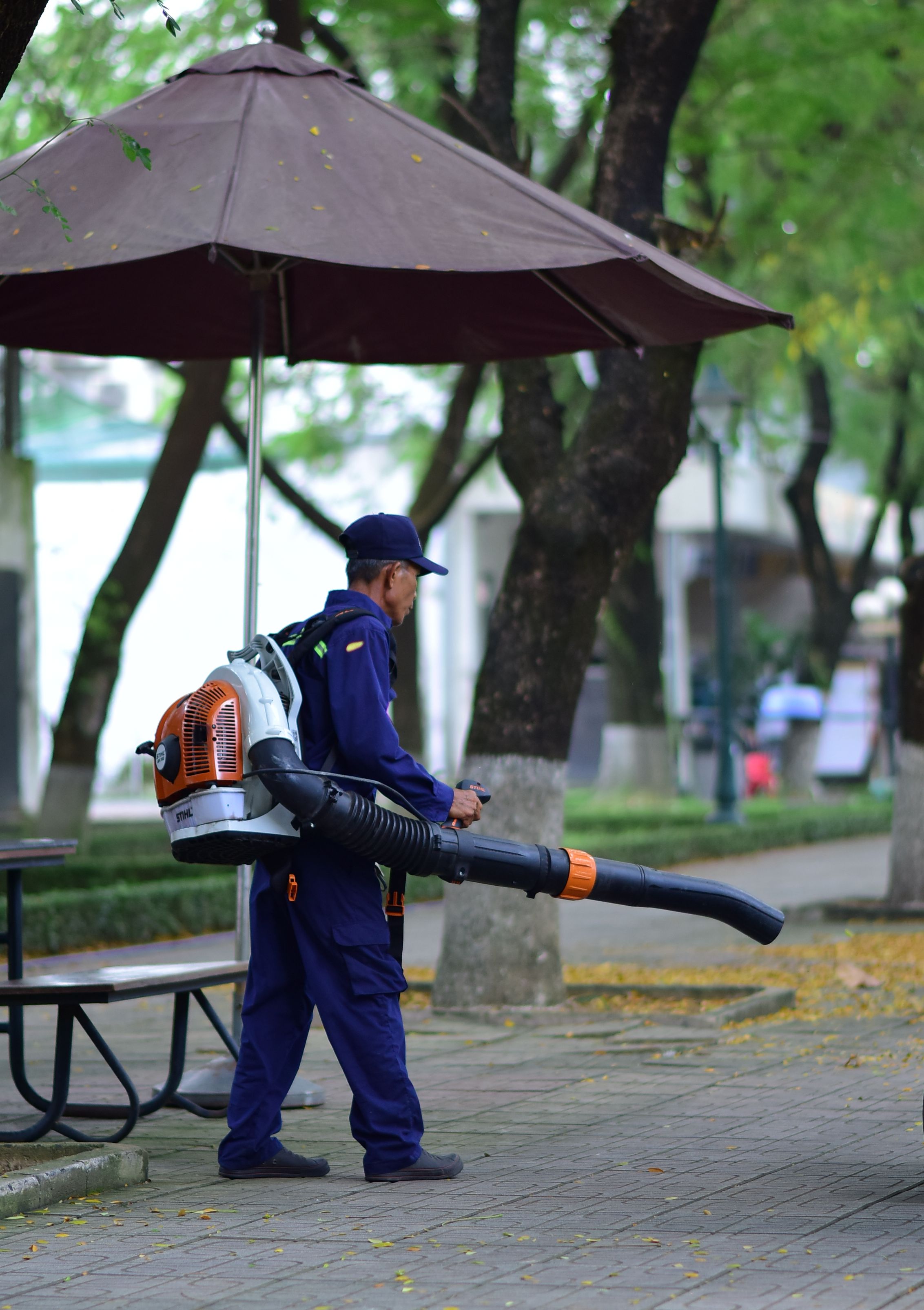 Worker Cleans Park with Leaf Blower in Fall Setting · Free Stock Photo