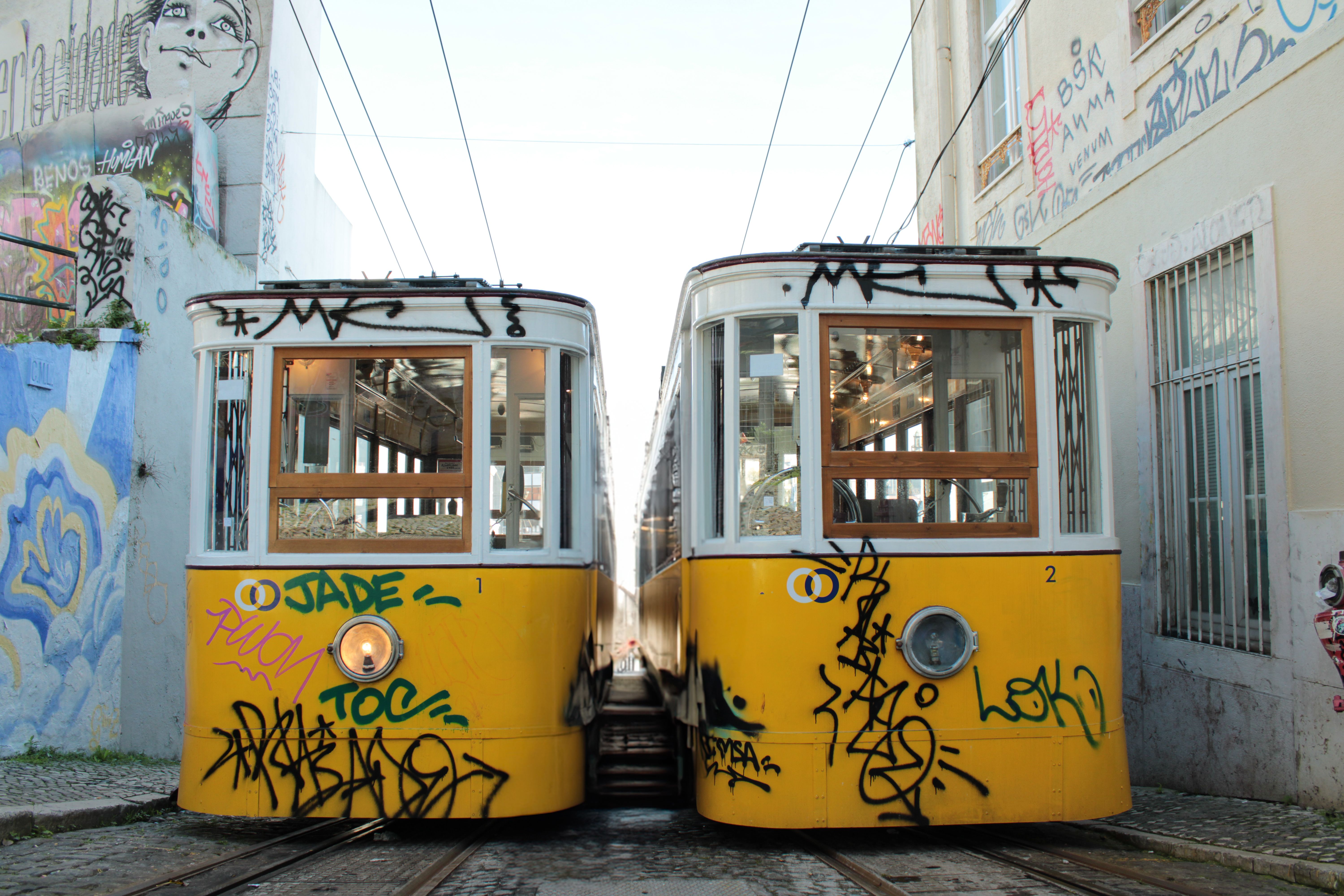 Iconic Yellow Trams in Graffiti-Laden Lisbon Street · Free Stock Photo
