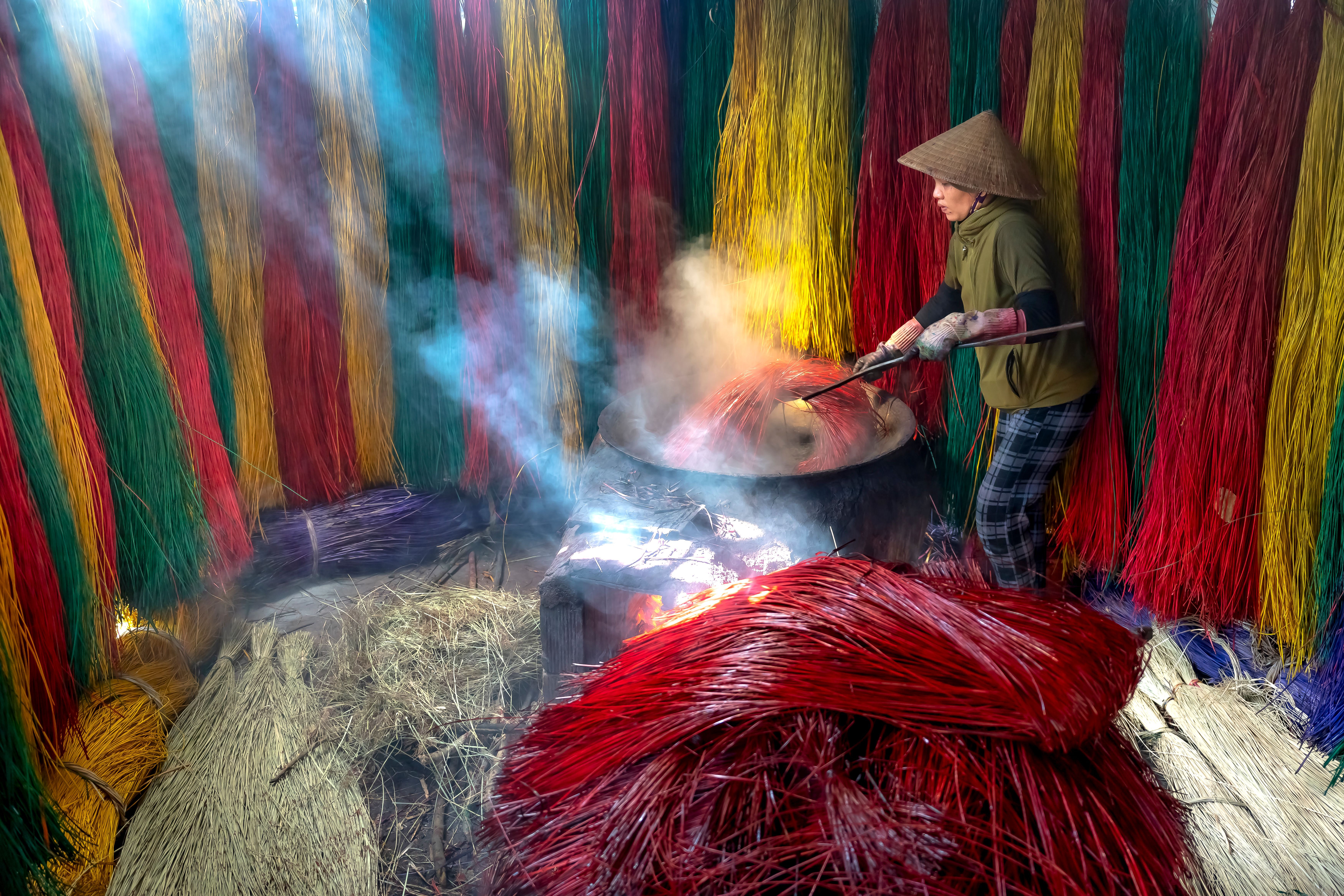 Traditional Craftsmanship: Dyeing Colorful Bamboo · Free Stock Photo