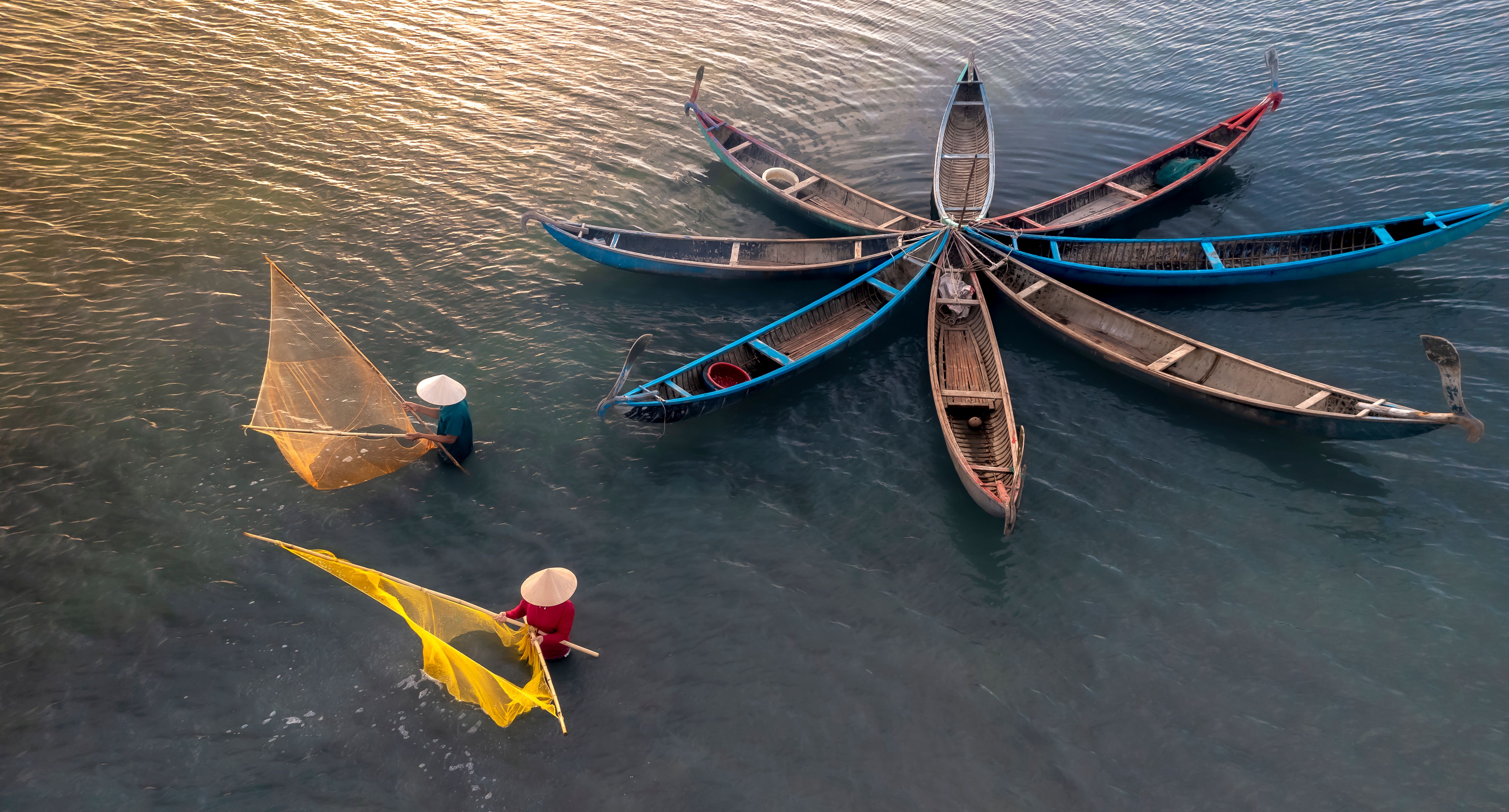Artistic Aerial View of Fishing Boats and Nets · Free Stock Photo