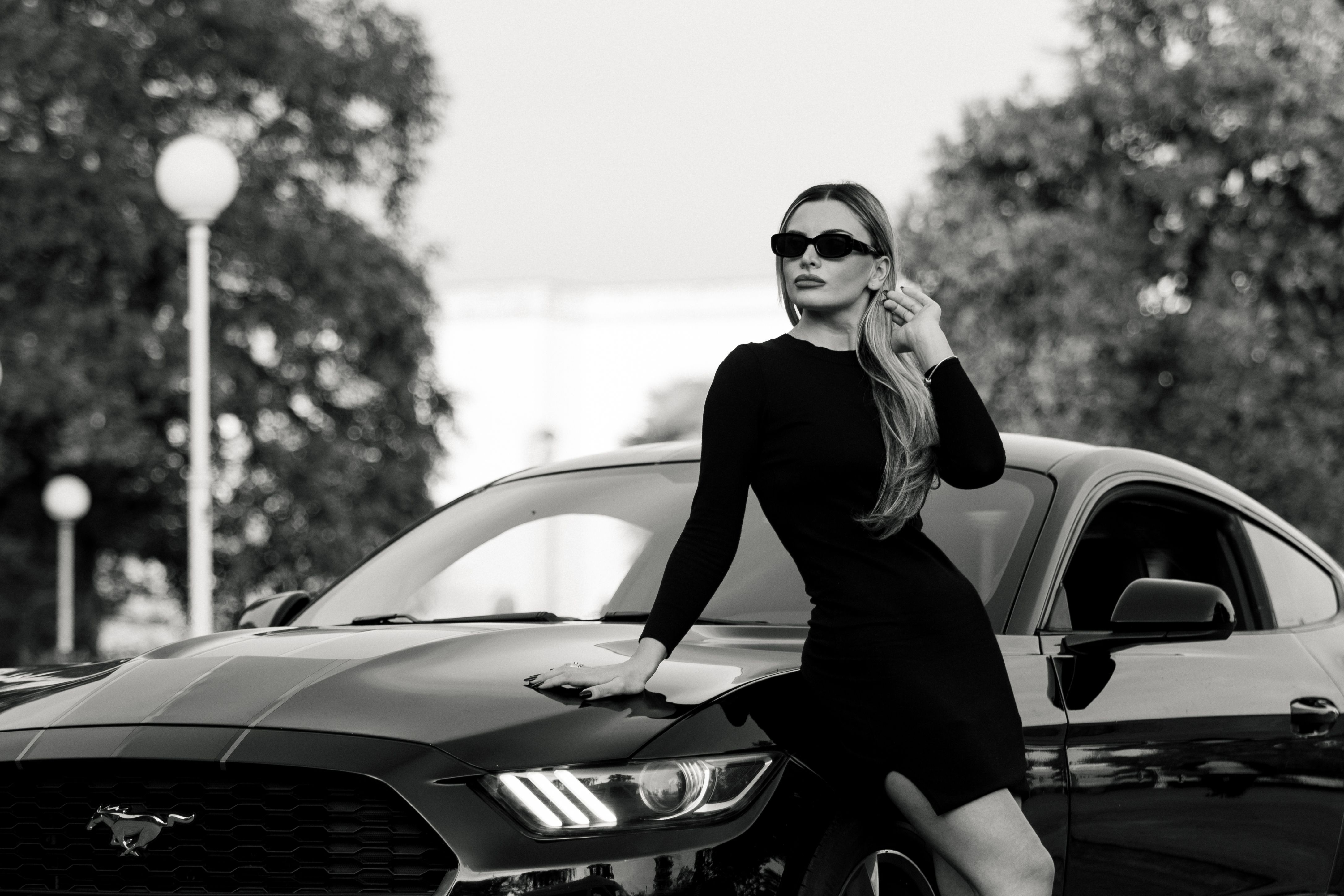 Chic Woman in Black Dress Posing with Ford Mustang · Free Stock Photo
