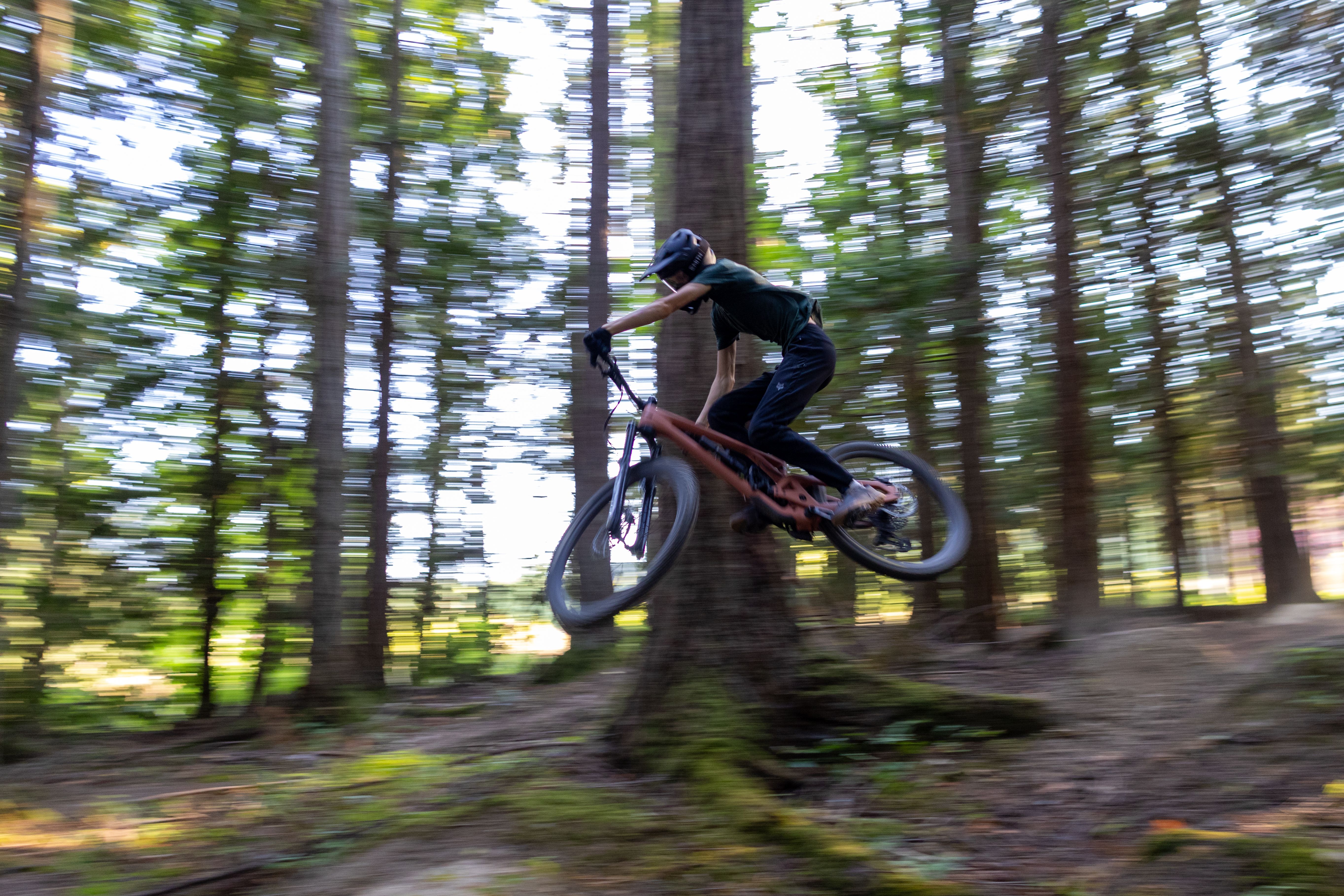 Dynamic Mountain Biking Jump in Forest · Free Stock Photo