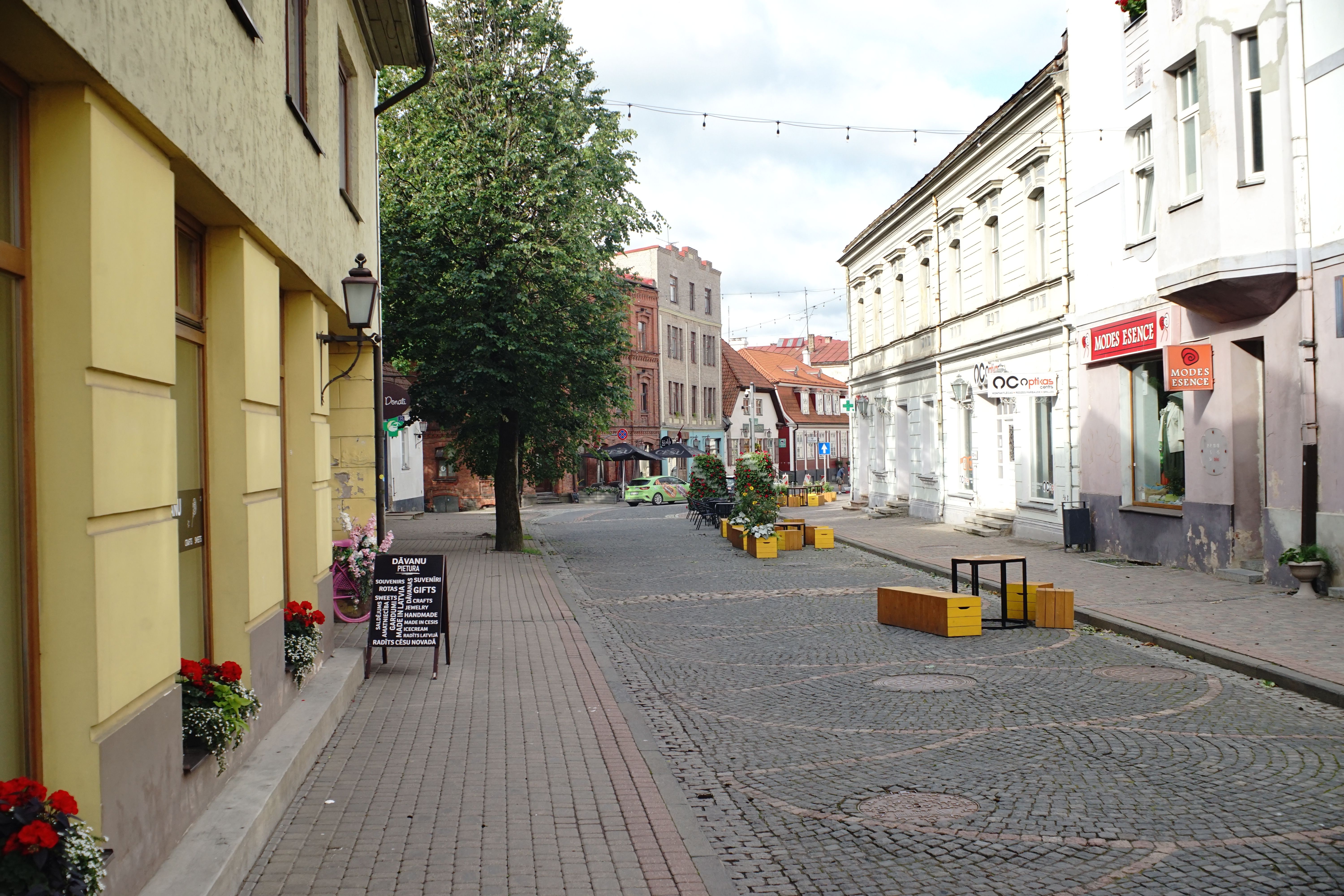 Multicolored Buntings Above Empty Road Between Buildings · Free Stock Photo