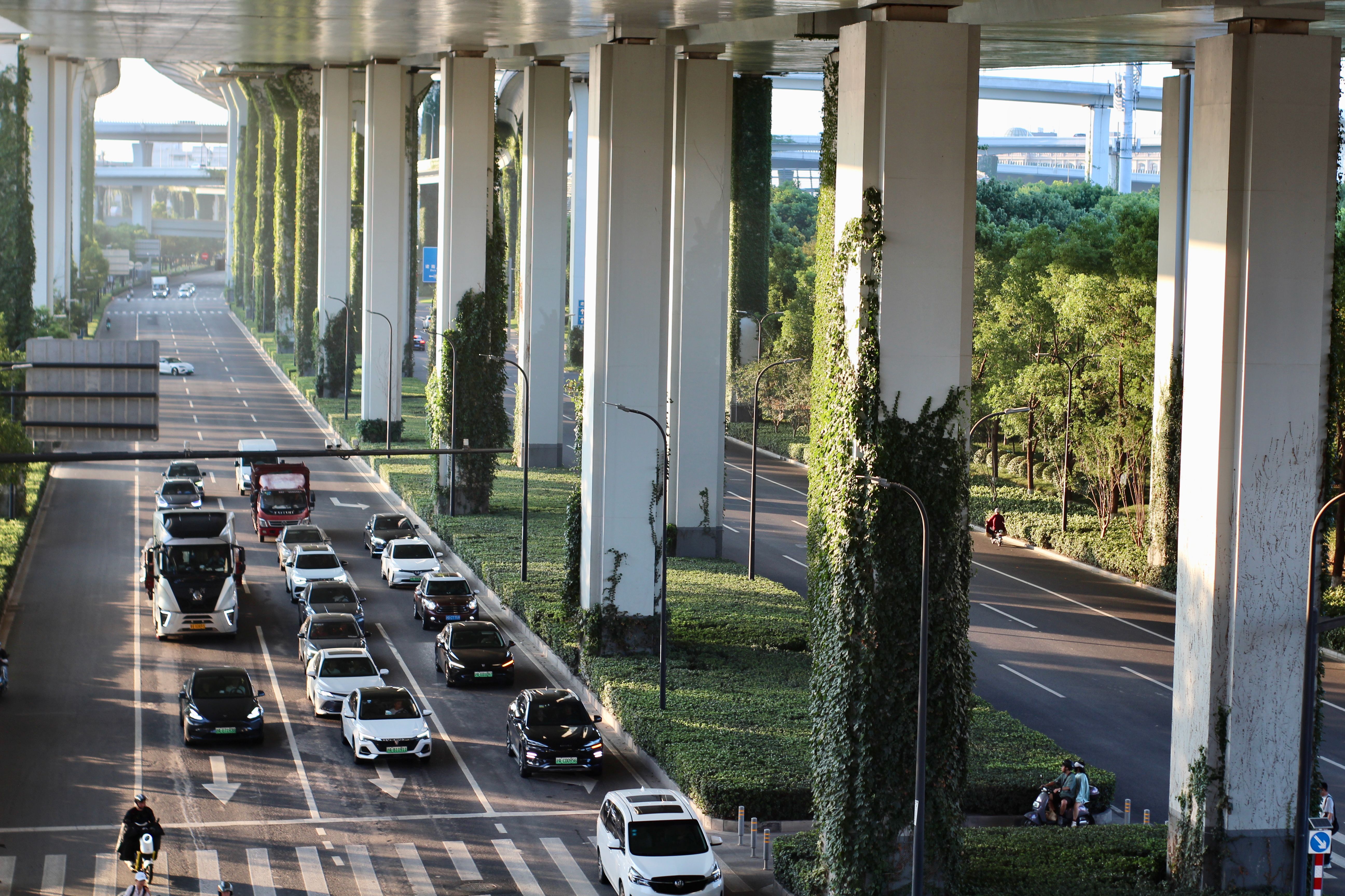Urban Highway Under Elevated Road with Traffic · Free Stock Photo