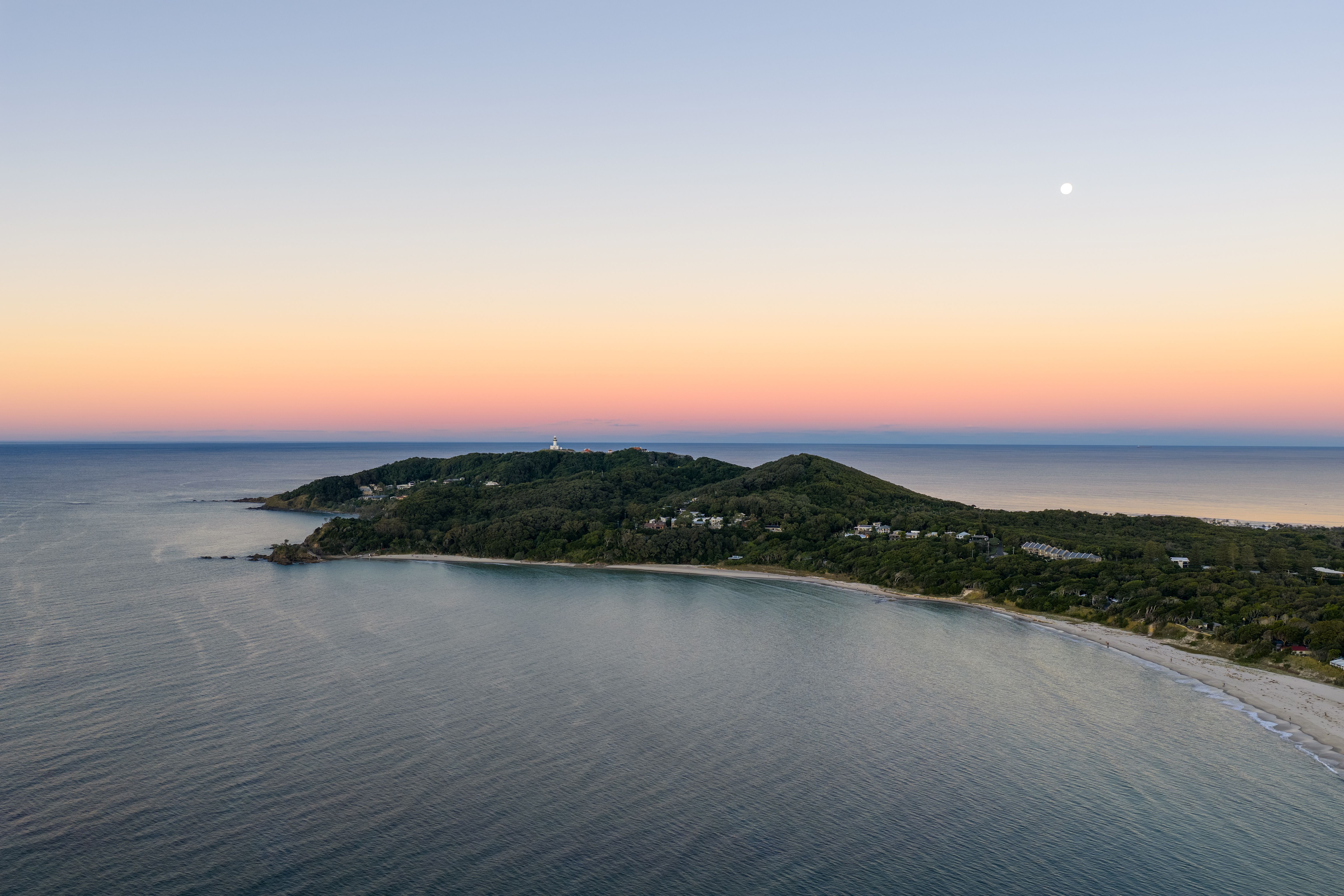 Aerial View of Byron Bay at Sunset with Moon · Free Stock Photo