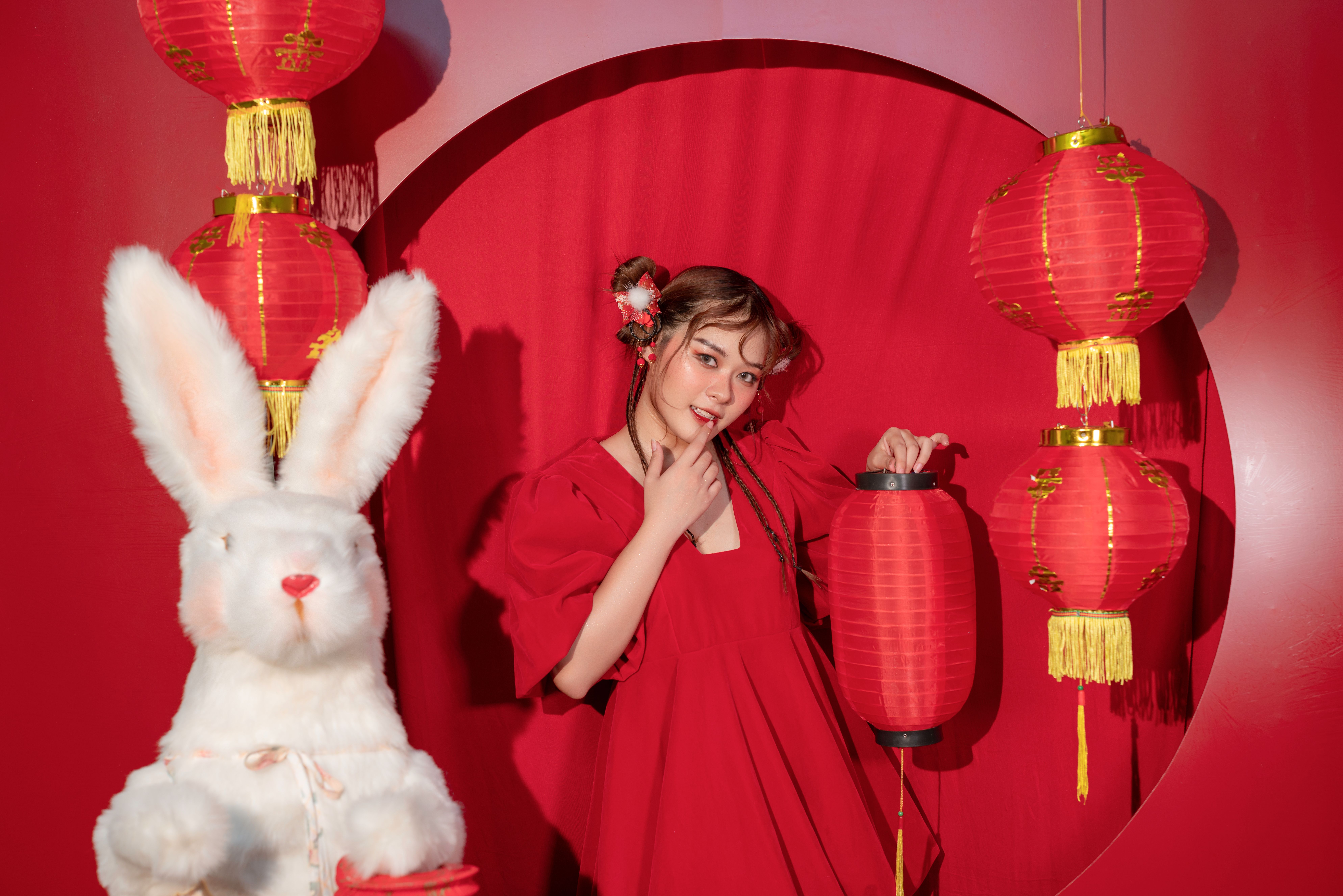 Woman in red dress with Chinese lanterns · Free Stock Photo