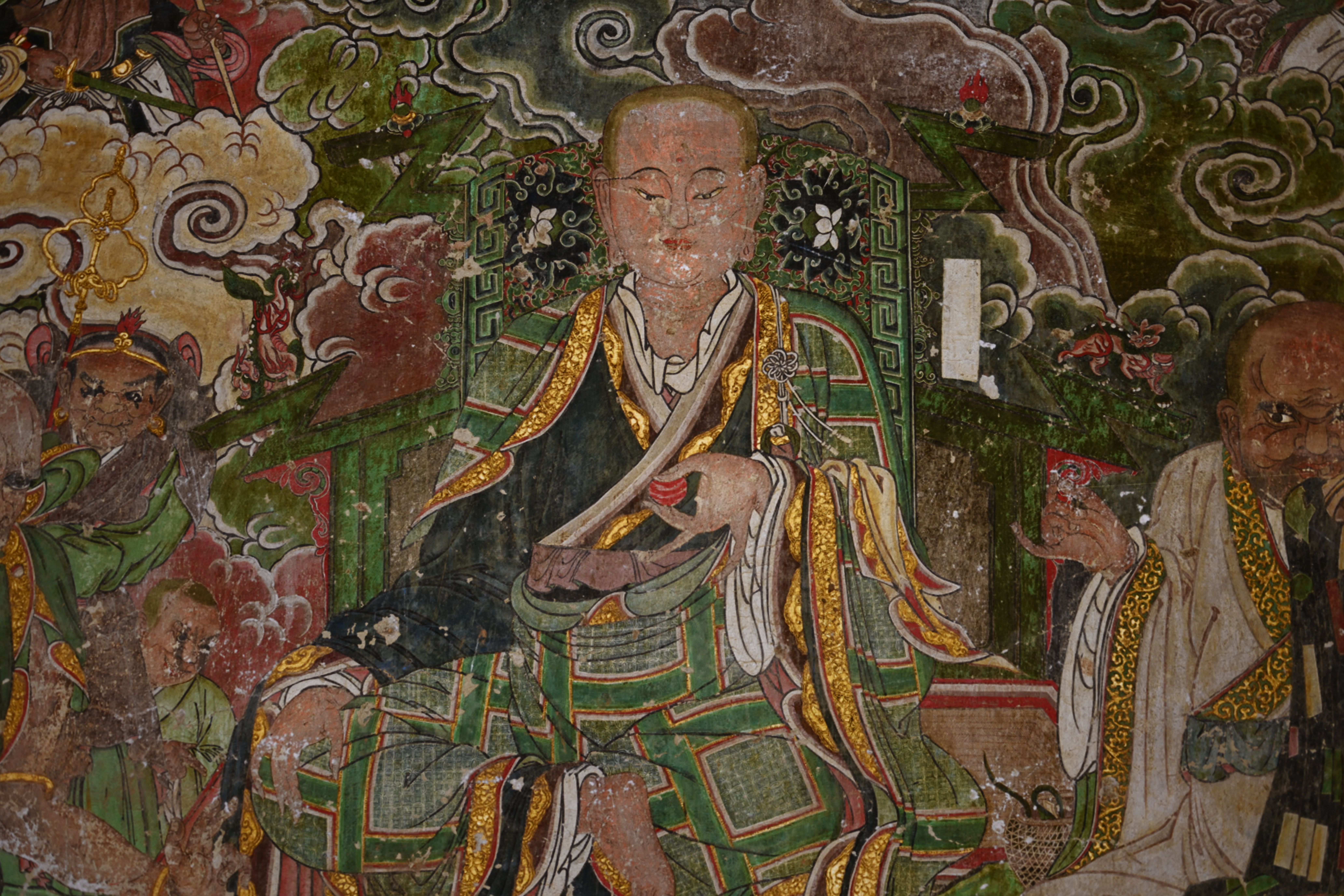 Ancient Asian Mural Depicting Monks and Mythical Scenes · Free Stock Photo