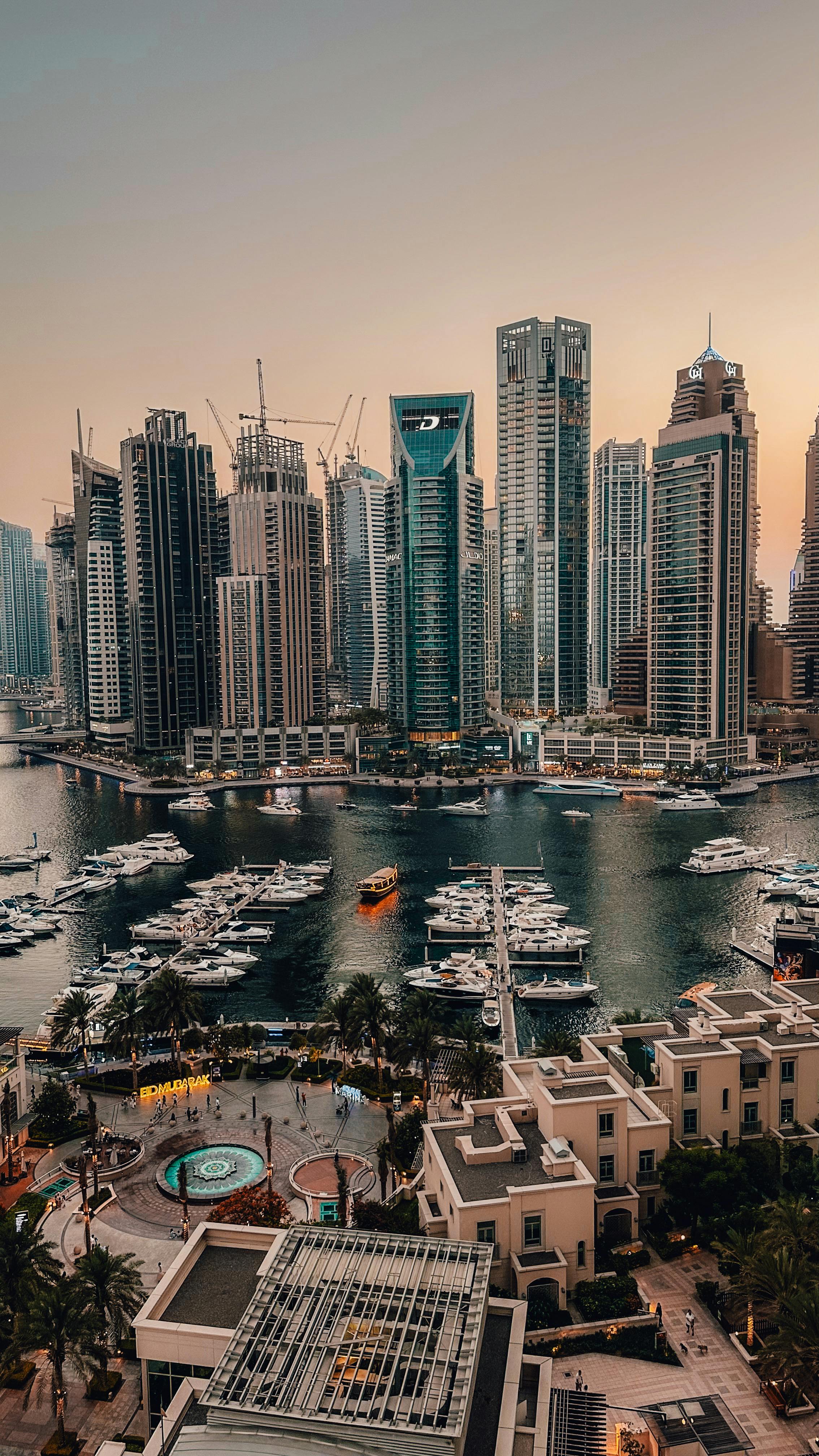 Vibrant Marina Skyline with Luxury Yachts at Dusk · Free Stock Photo