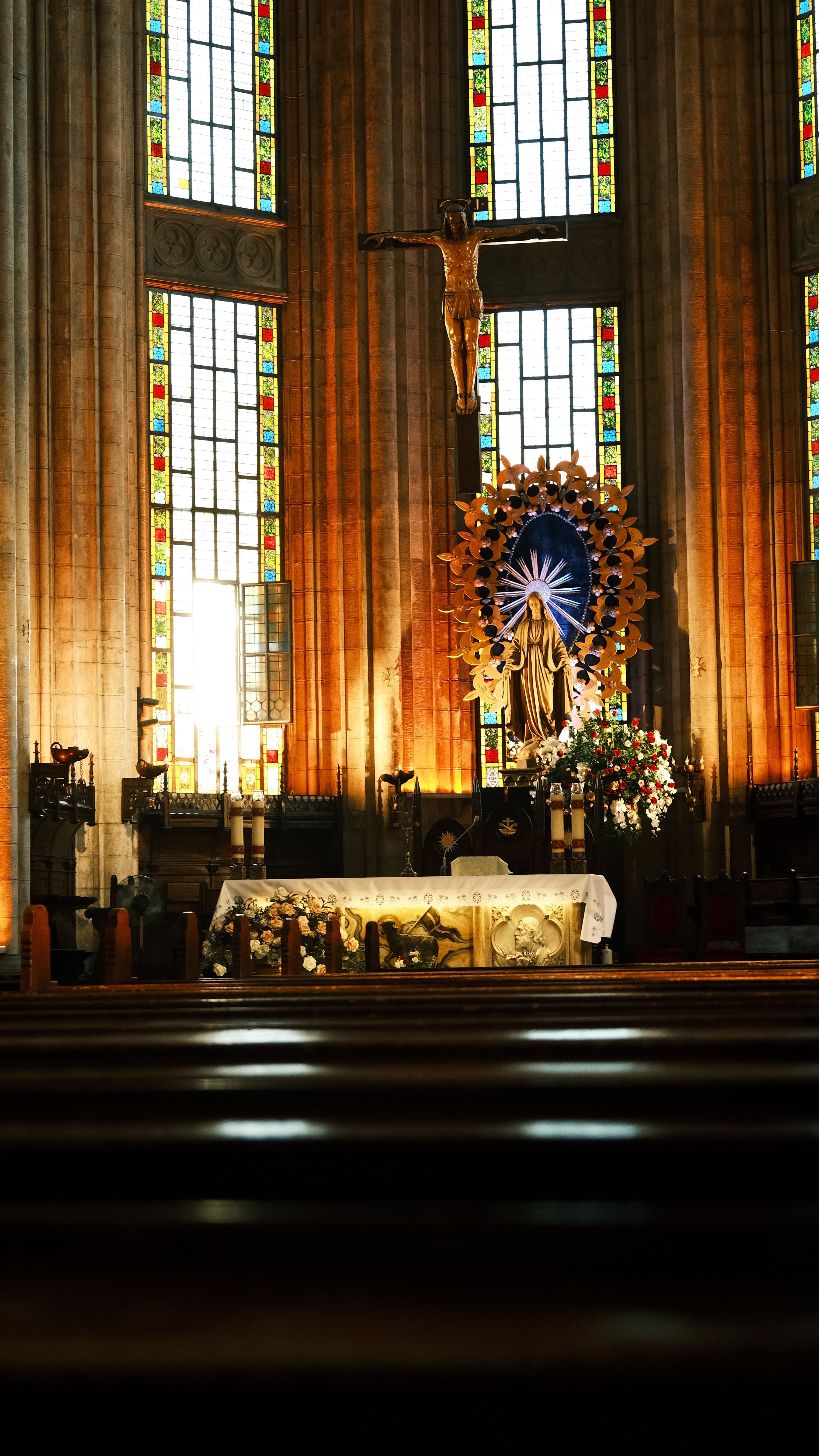 Stunning Church Altar with Stained Glass Windows · Free Stock Photo