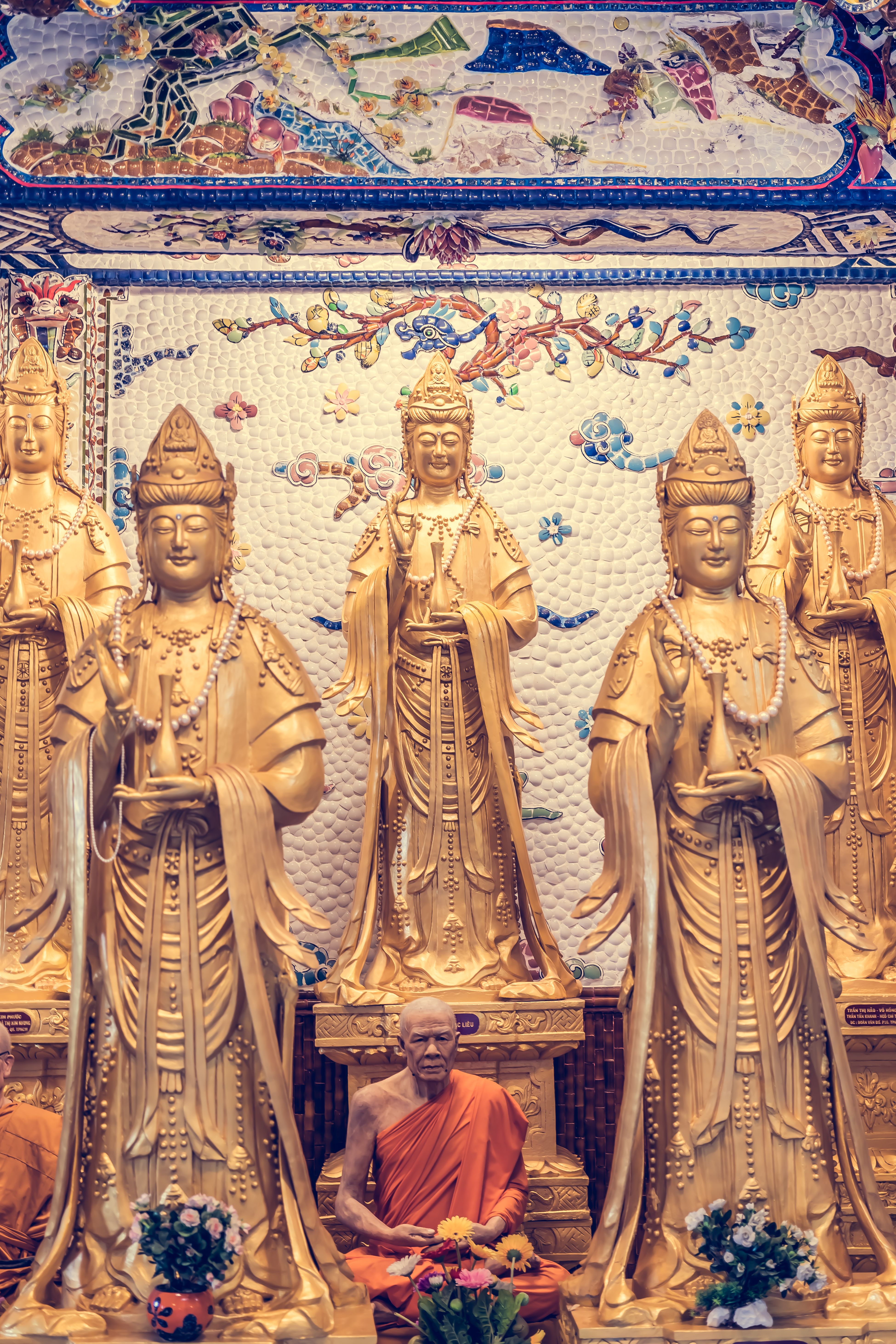 Buddhist Monks and Golden Statues in Temple · Free Stock Photo