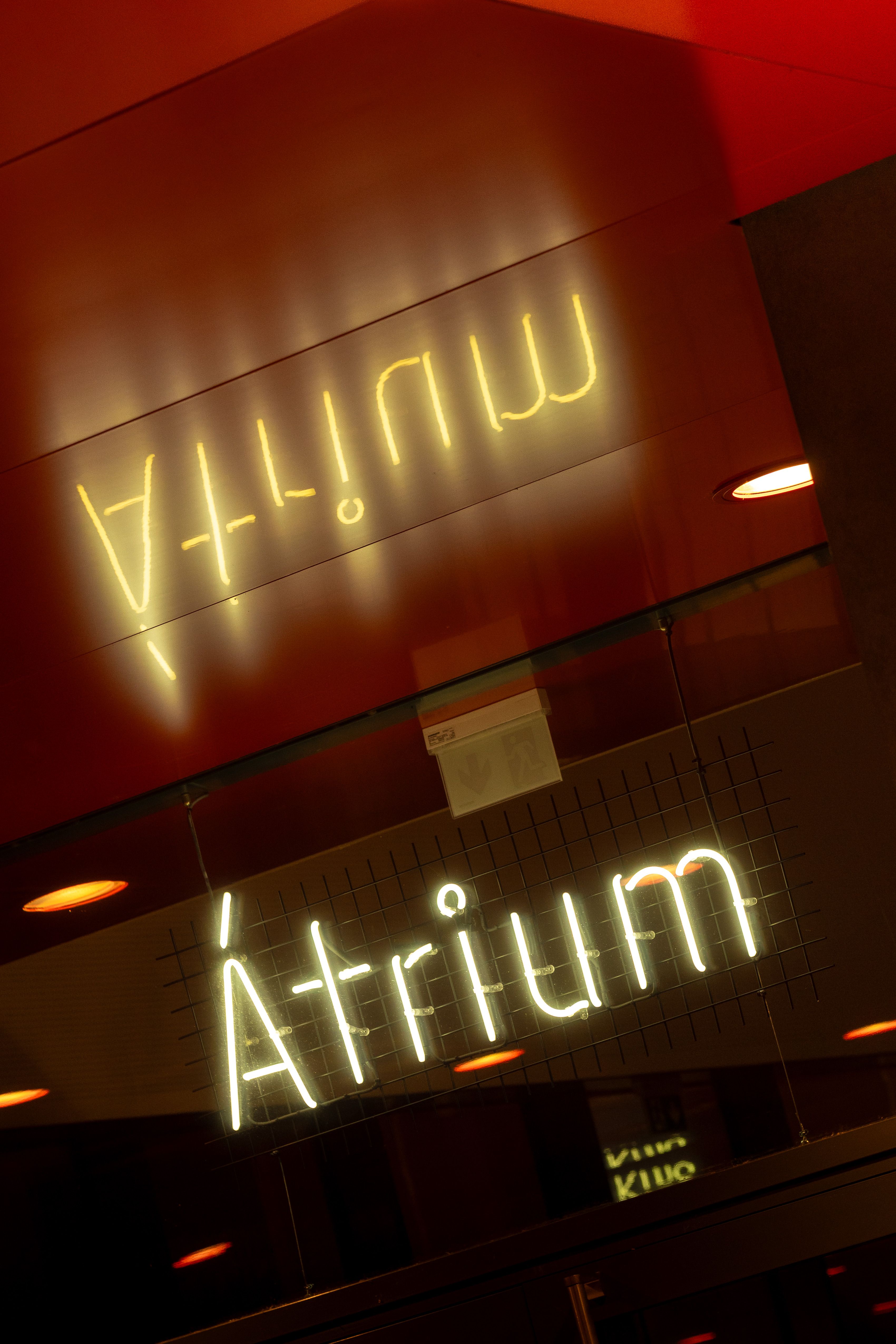 Neon Atrium Sign with Reflection Indoors · Free Stock Photo