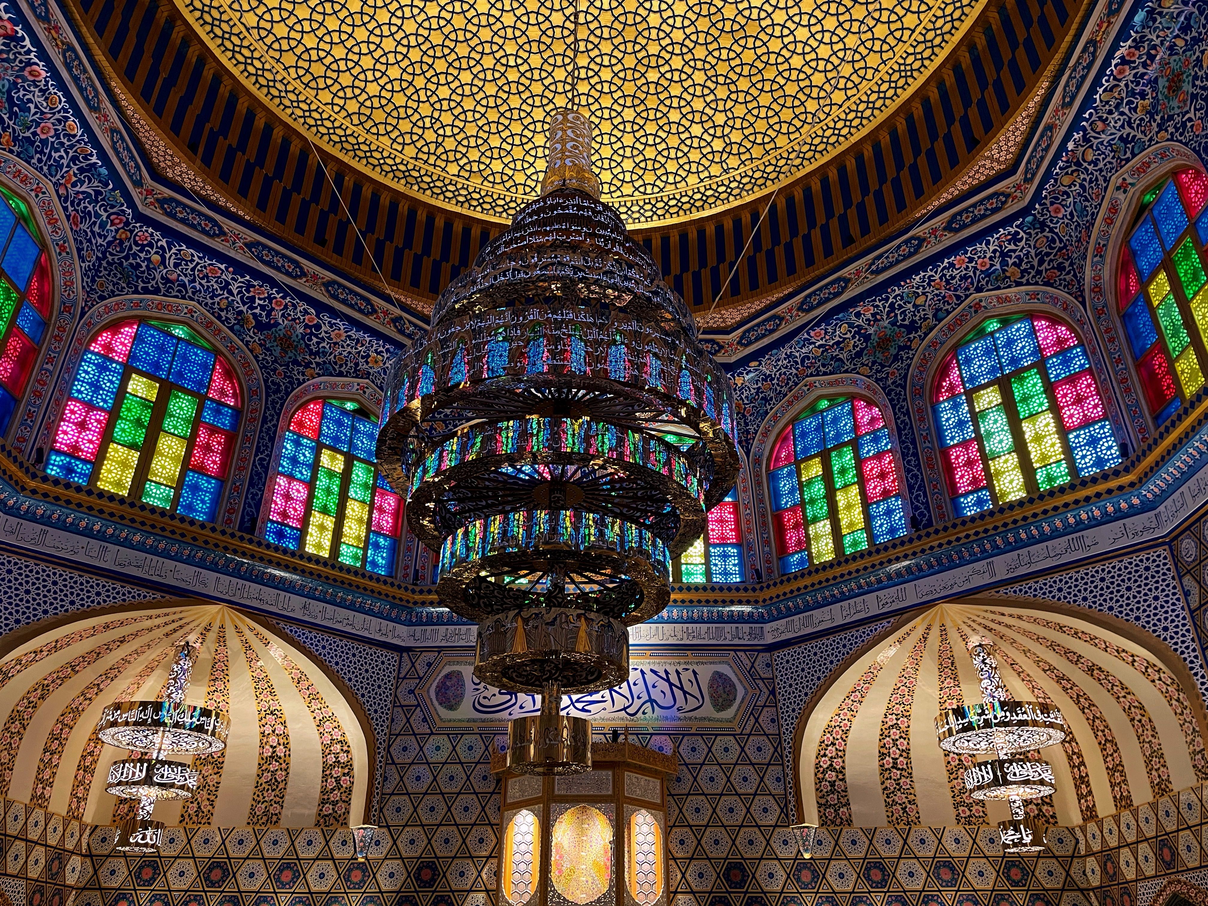 Vibrant Interior of Mosque with Stained Glass Windows · Free Stock Photo