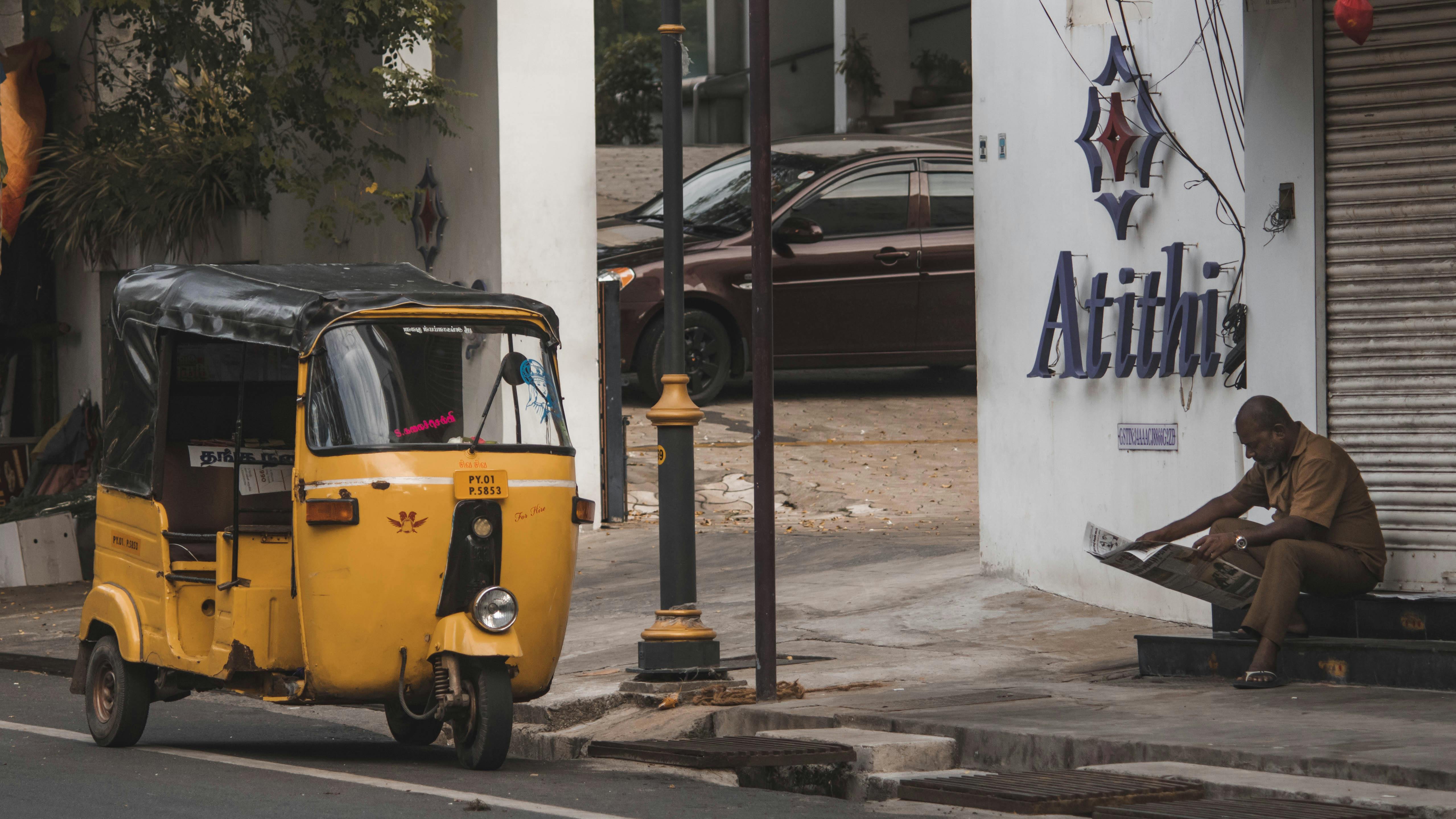 Yellow Auto Rickshaw on Street in Puducherry · Free Stock Photo