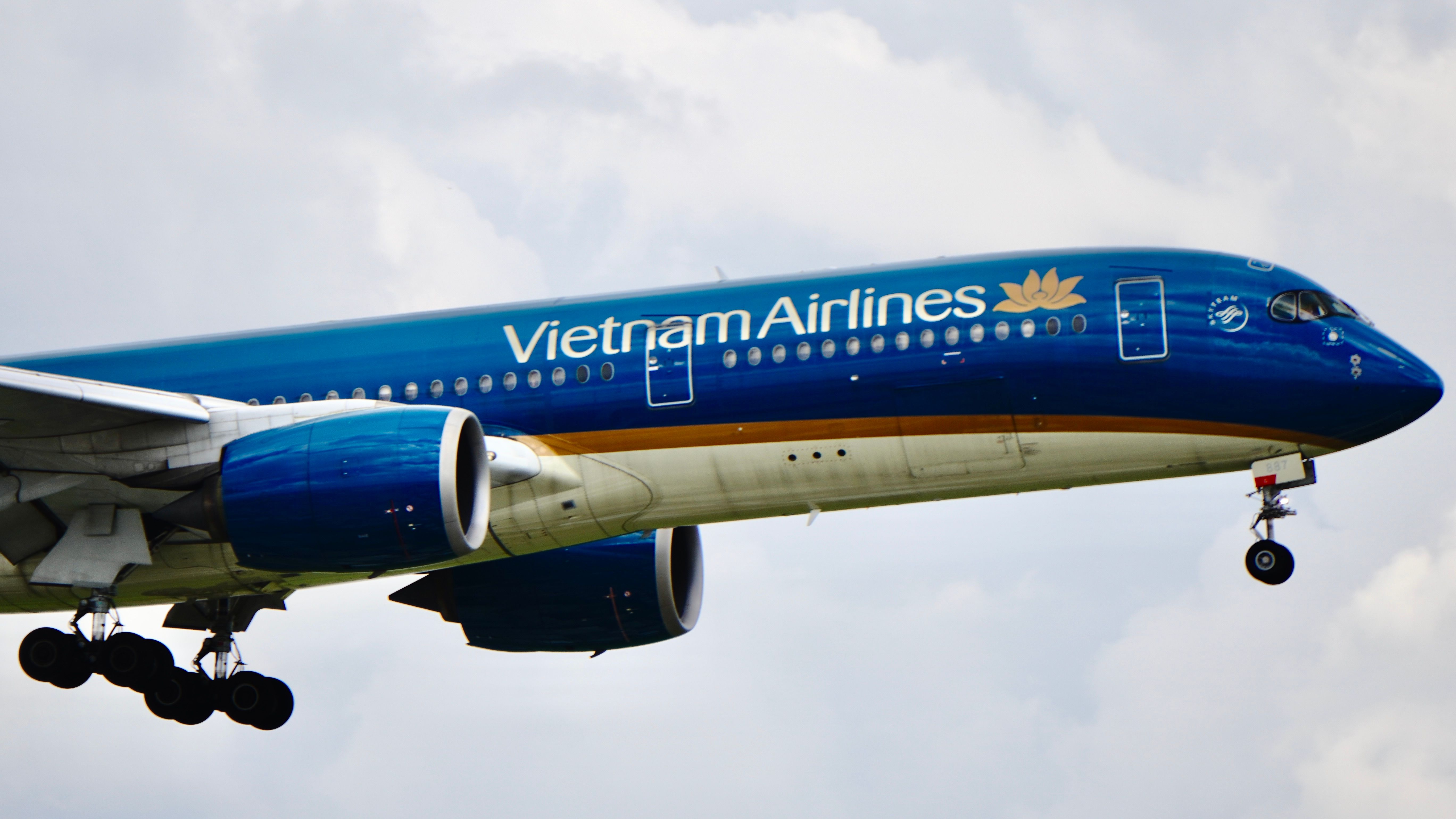 Vietnam Airlines Aircraft in Flight Against Cloudy Skies · Free Stock Photo